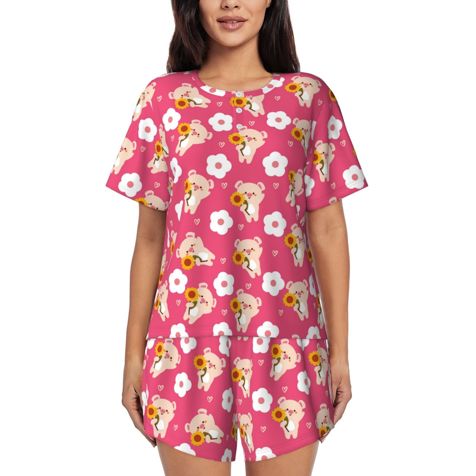 Pajama Set For Women 2 Piece - Cute Pig Sunflower Flowers Lounge Set ...