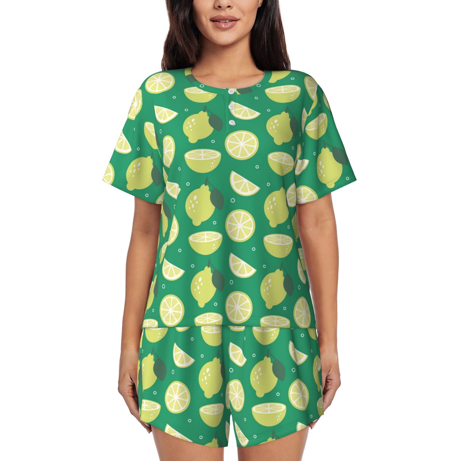 Pajama Set For Women 2 Piece - Cute Pine Green Limes Lounge Set Short ...
