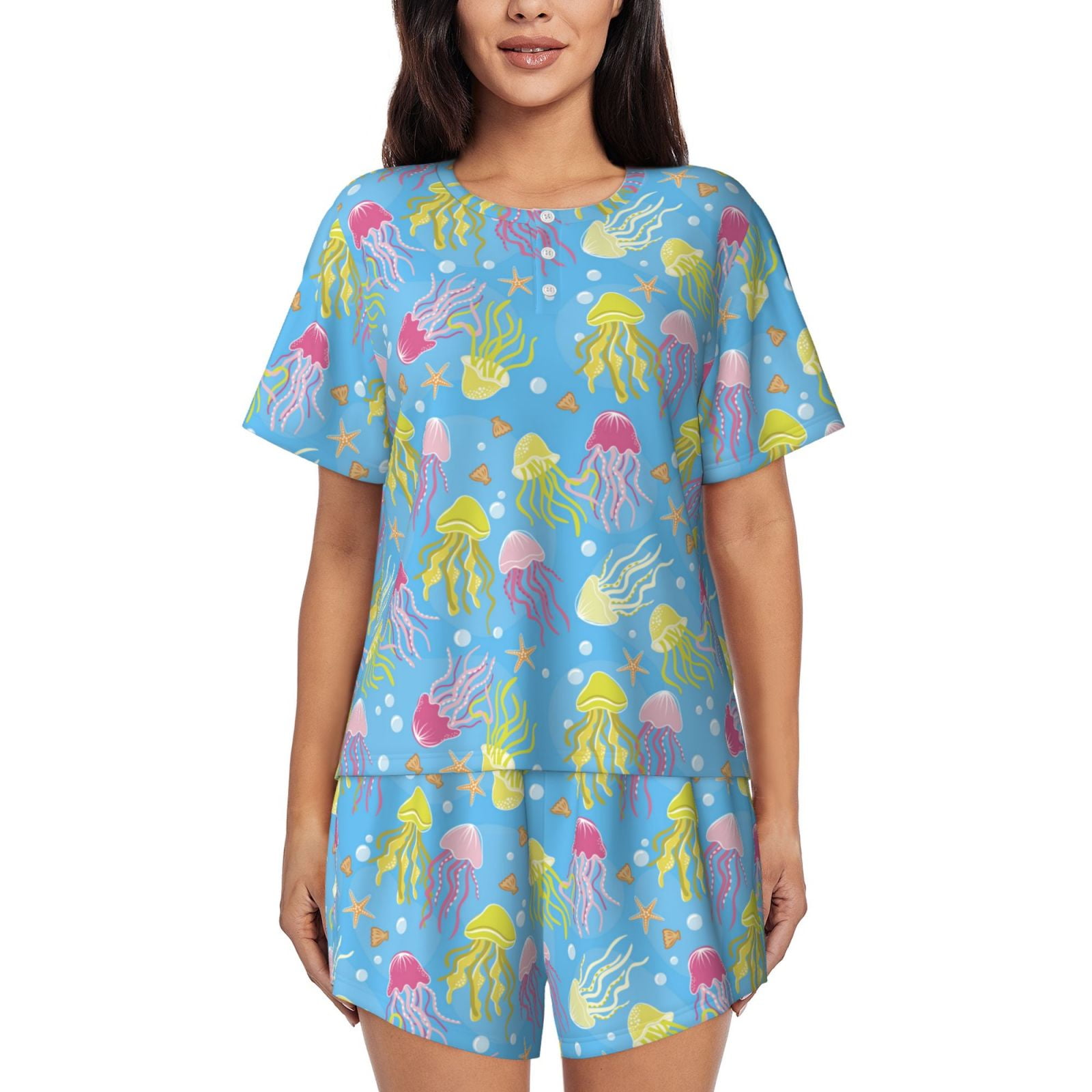 Pajama Set For Women 2 Piece - Cute Yellow Pink Jellyfish Lounge Set Short Sleeve Tops And ...