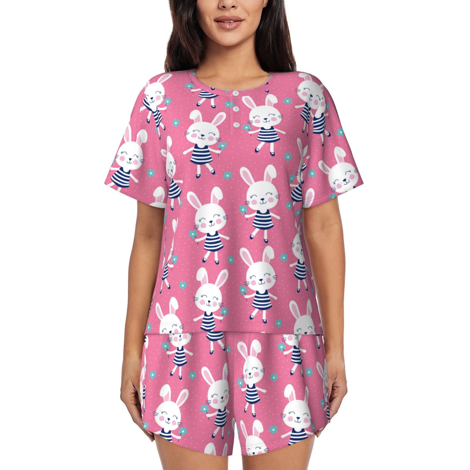 Pajama Set For Women 2 Piece - Feminine Pink Cute Rabbit Flower Lounge ...