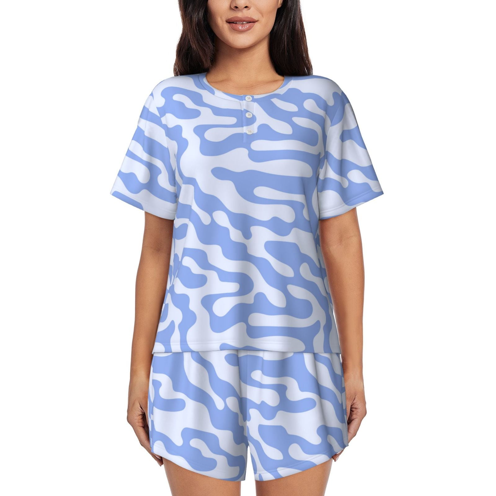 Pajama Set For Women 2 Piece - Light Blue Camouflage Lounge Set Short ...