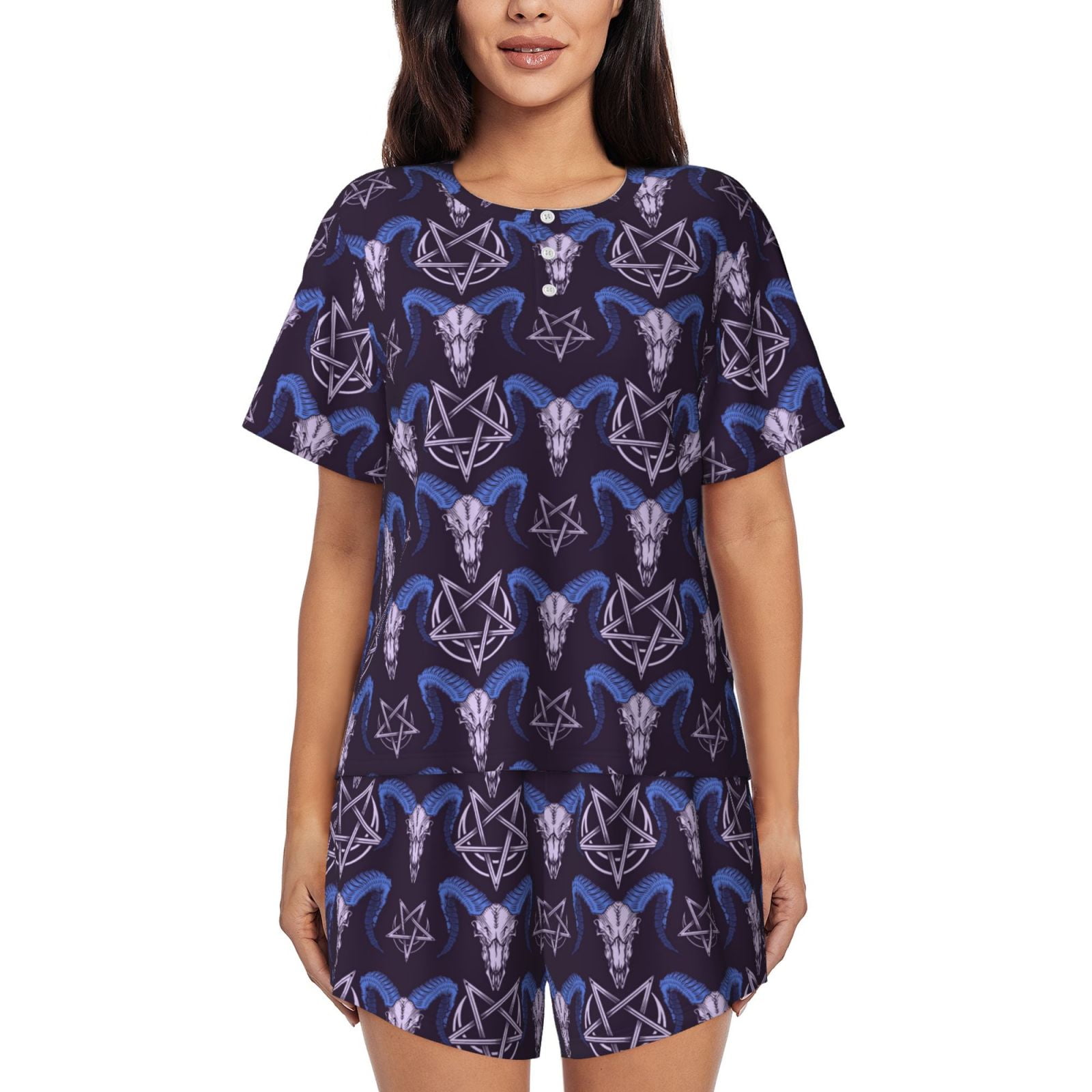 Pajama Set For Women 2 Piece - Magic Cartoon Cool Goat Head Stars ...