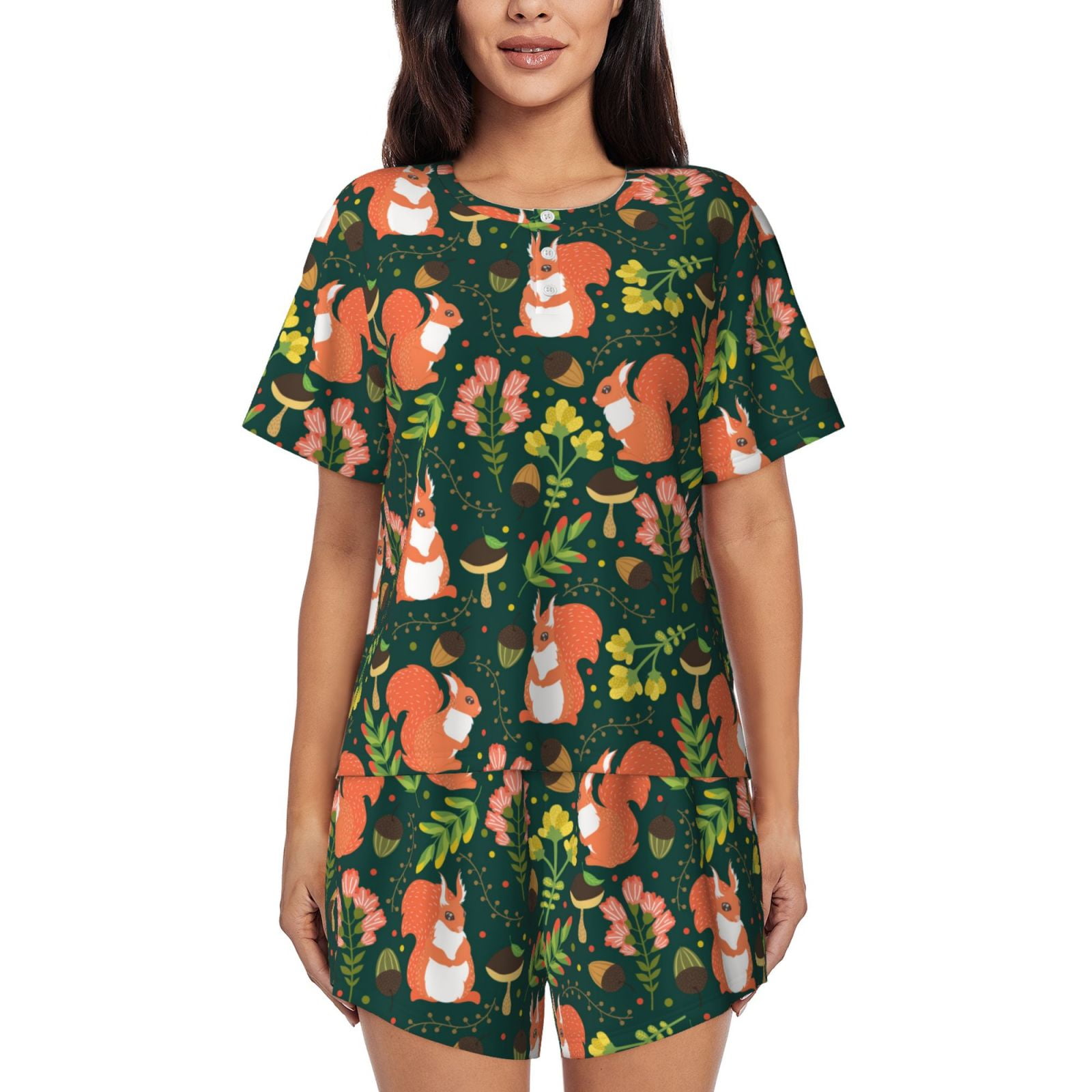 Pajama Set For Women 2 Piece - Painted Cute Squirrel Flower Lounge Set ...