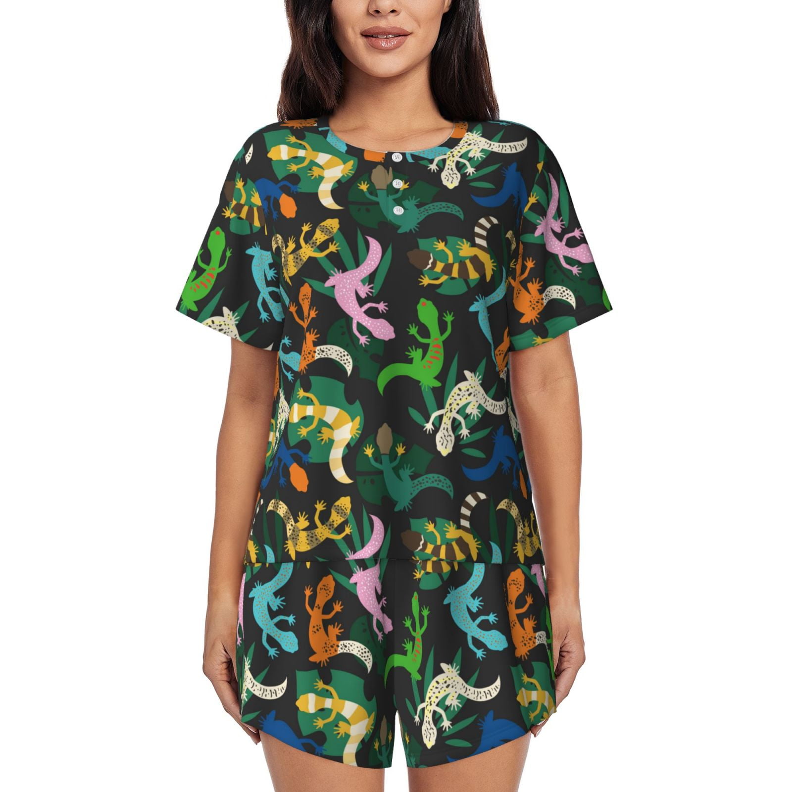 Pajama Set For Women 2 Piece - Striped Cute Lizard Gecko Plant_A Lounge ...