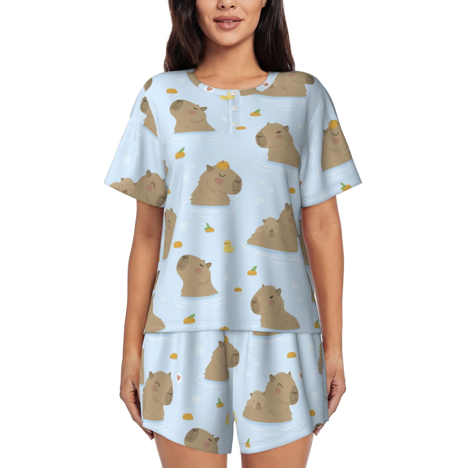 Pajama Set For Women 2 Piece - Swim Capybaras Duck Lounge Set Short ...