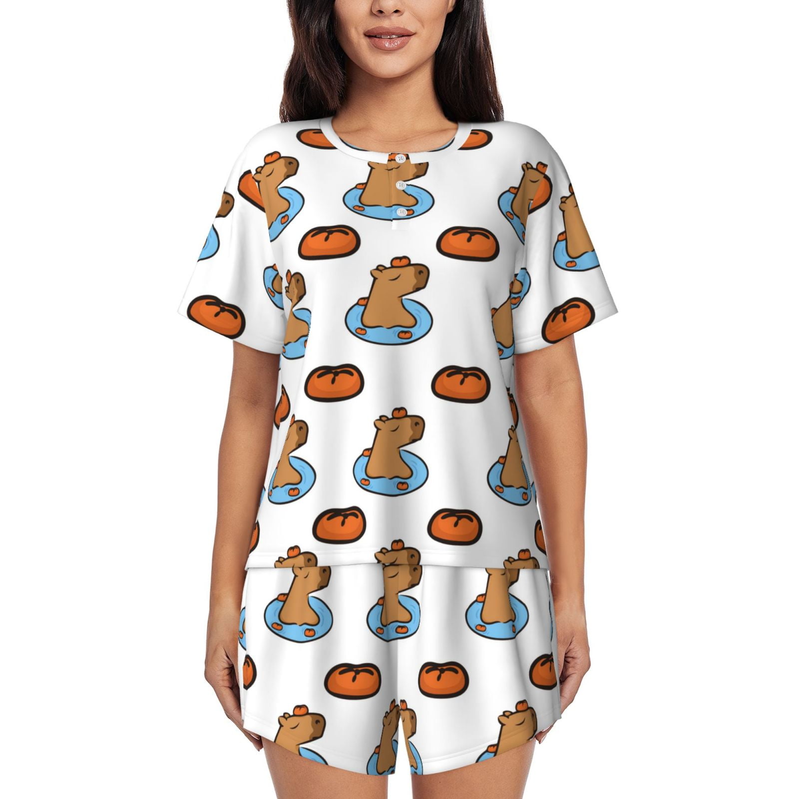 Pajama Set For Women 2 Piece - Swim Capybaras Lounge Set Short Sleeve ...