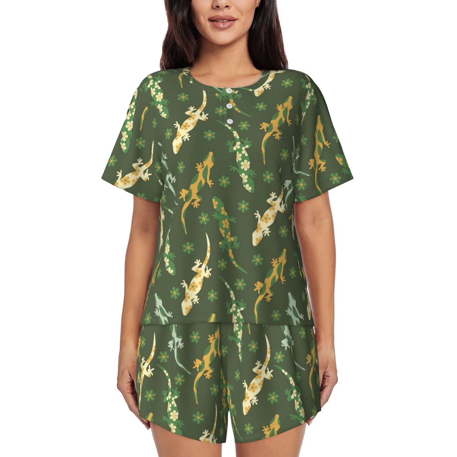 Pajama Set For Women 2 Piece - Tropical Lizard Gecko Green Lounge Set ...