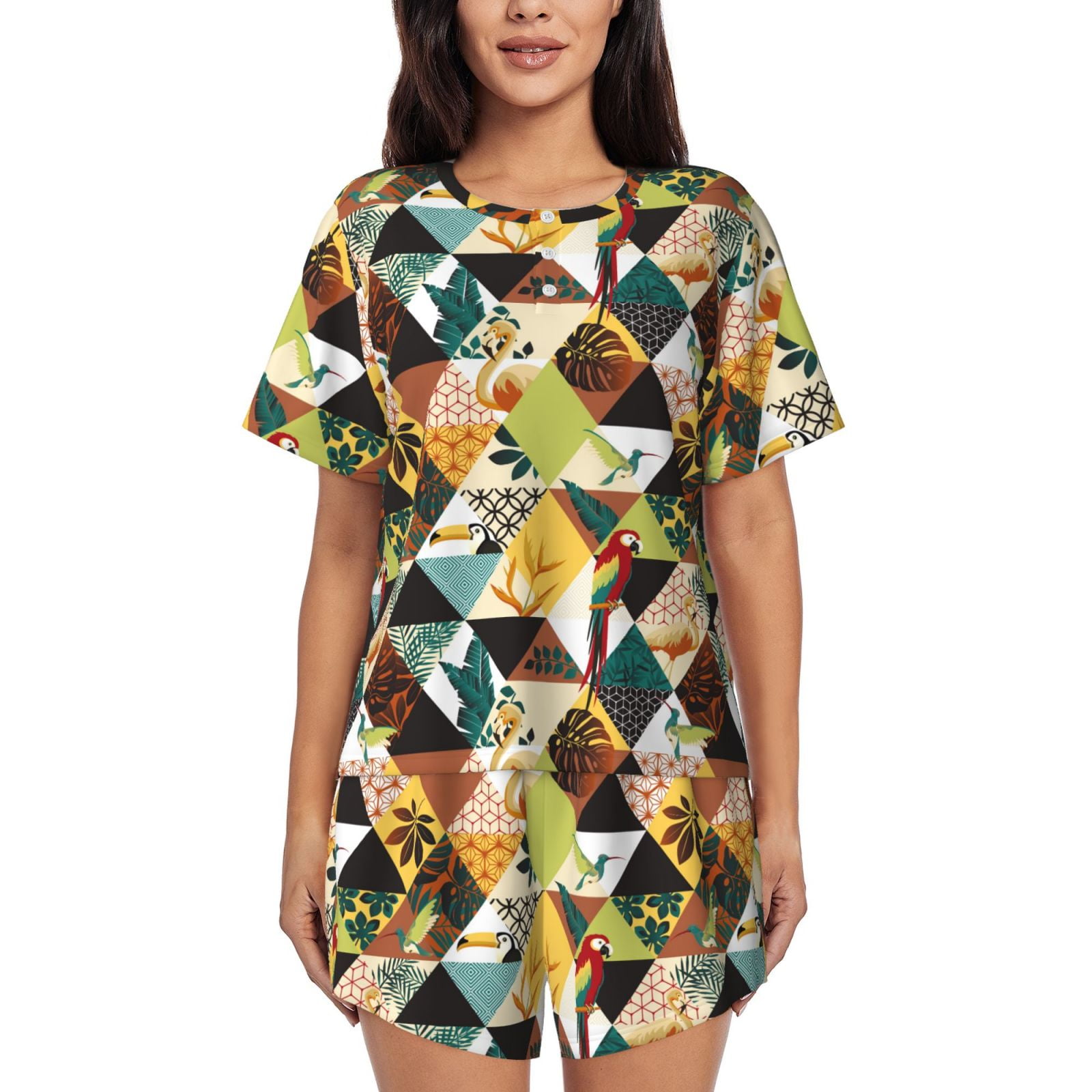 Pajama Set For Women 2 Piece - Tropical Parrot Flamingo Bird Lounge Set ...