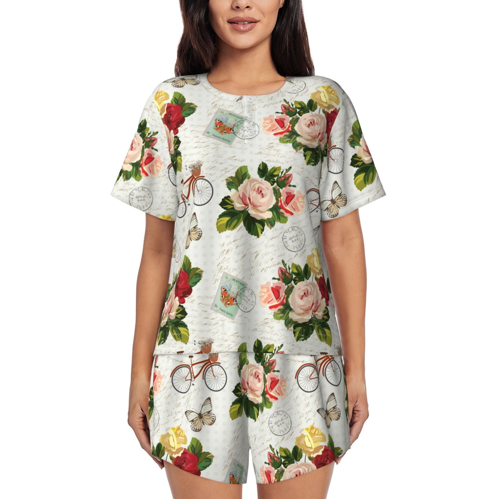 Pajama Set For Women 2 Piece - Vintage Bike Flower Butterfly Lounge Set Short Sleeve Tops And ...