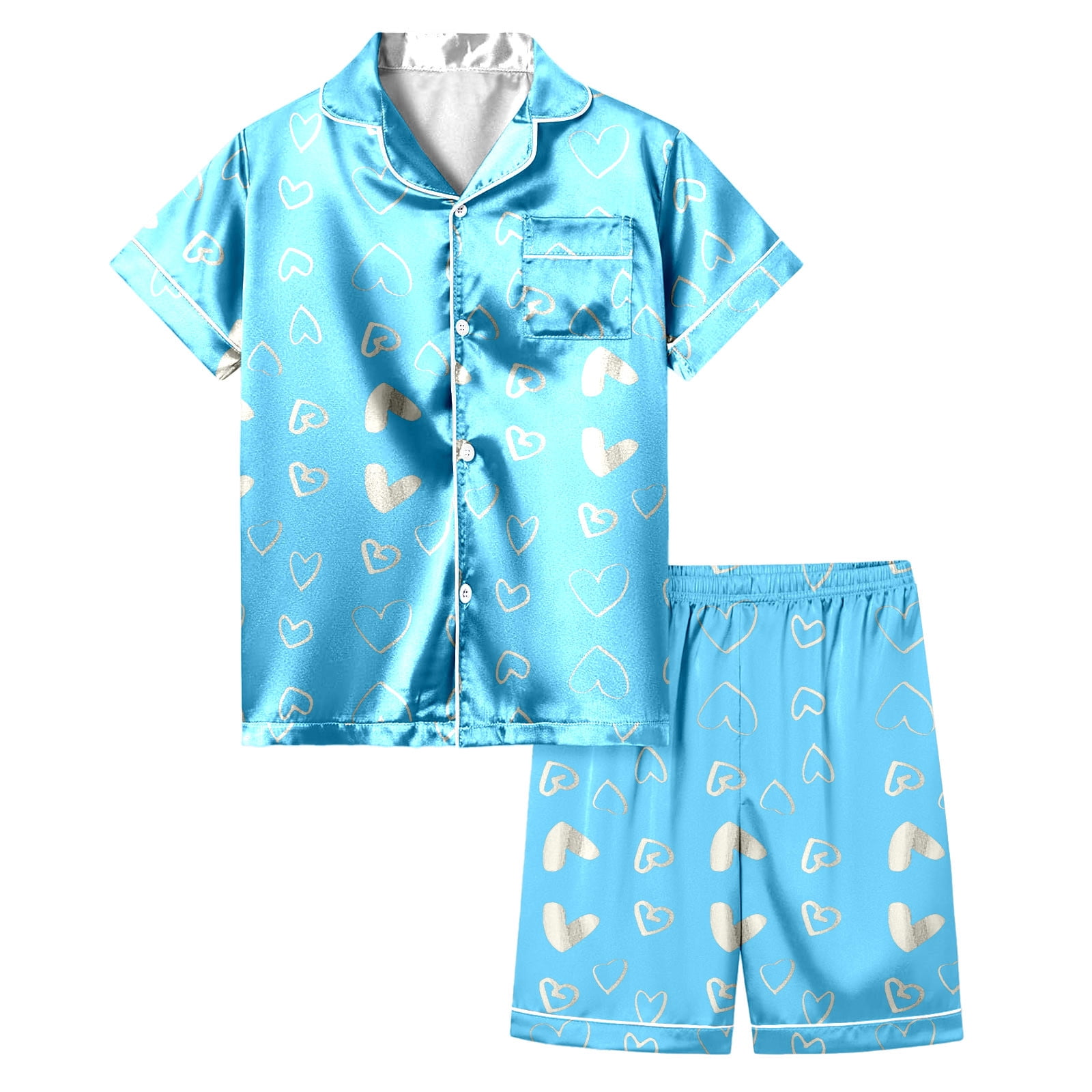 Pajama Set for Girls Short Sleeve Lapel Button up Valentine's Day Heart ...