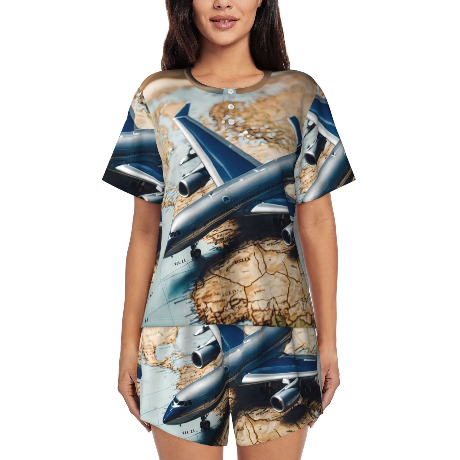 Pajama Set for Women 2 Piece - Airplane World Map Adventure Lounge Set ...