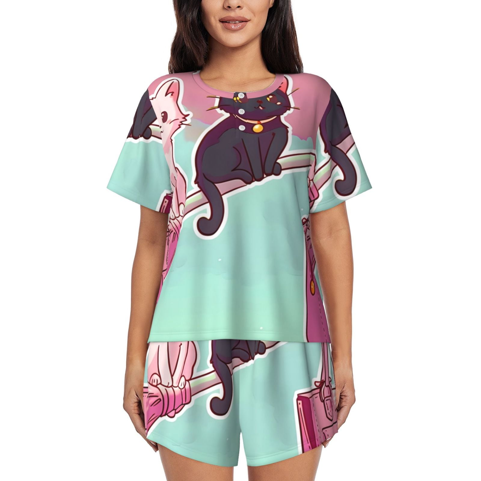 Pajama Set for Women 2 Piece - Cats On Broomstick Lounge Set Short Sleeve Tops and Shorts PJ ...