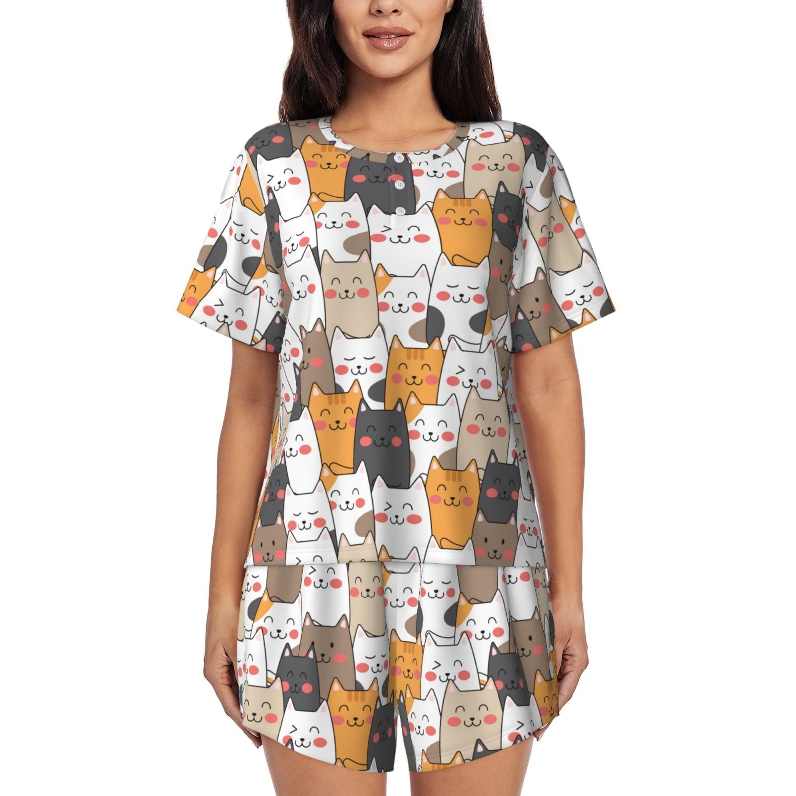 Pajama Set for Women 2 Piece - Cute Cats Lounge Set Short Sleeve Tops ...