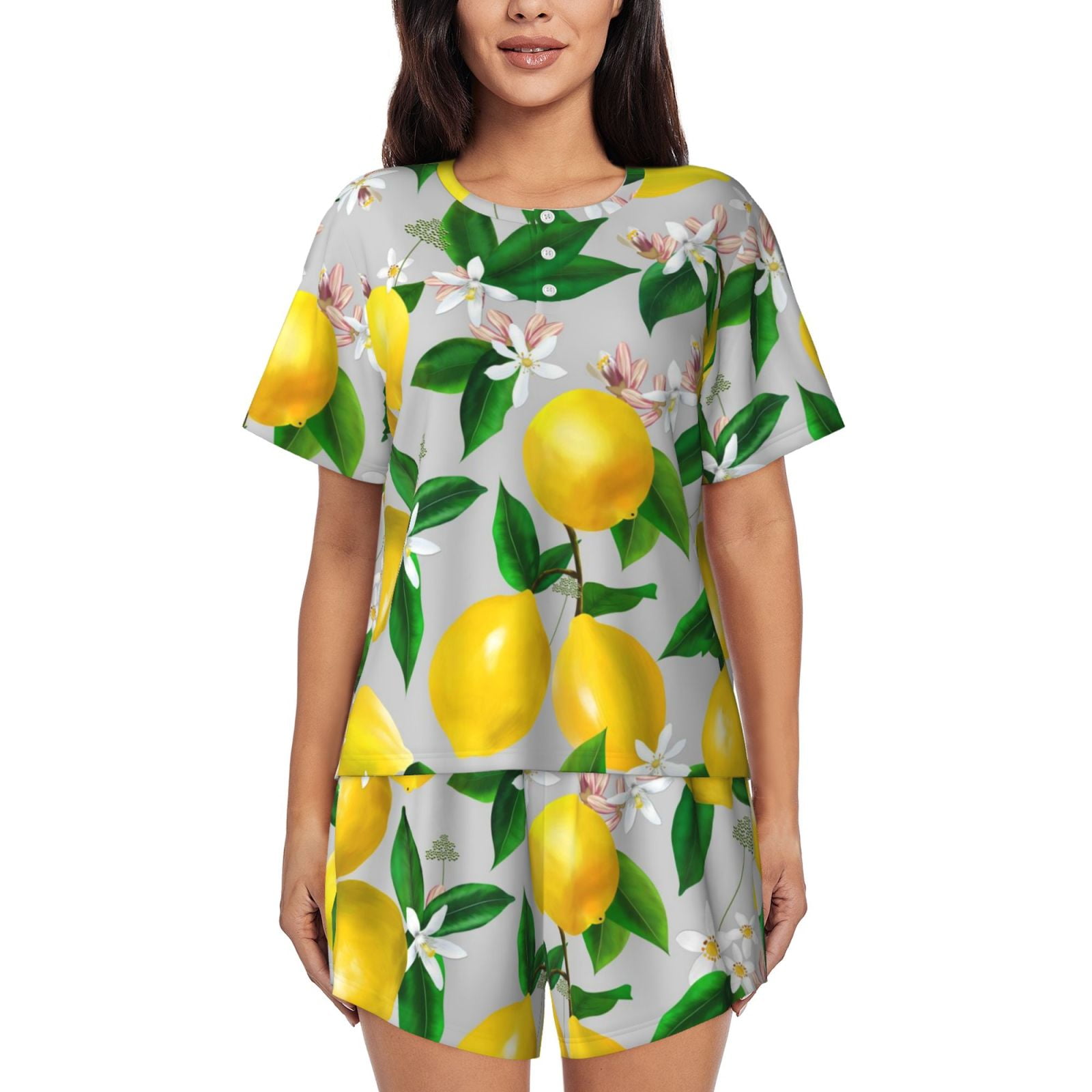 Pajama Set for Women 2 Piece - Lemon Oil Painting Effect Lounge Set ...