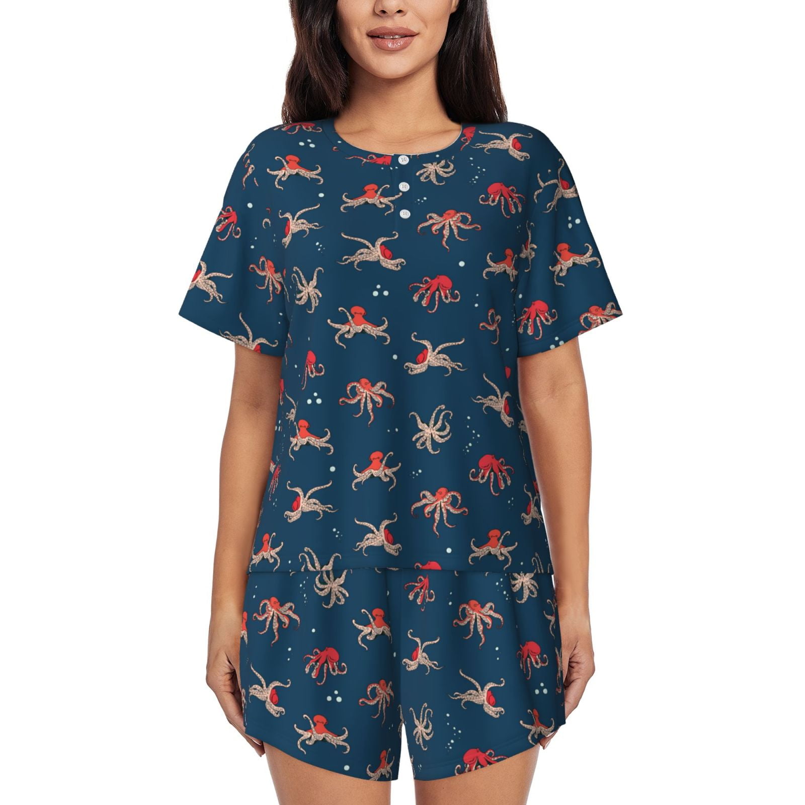 Pajama Set for Women 2 Piece - Octopus Sea Life Lounge Set Short Sleeve ...