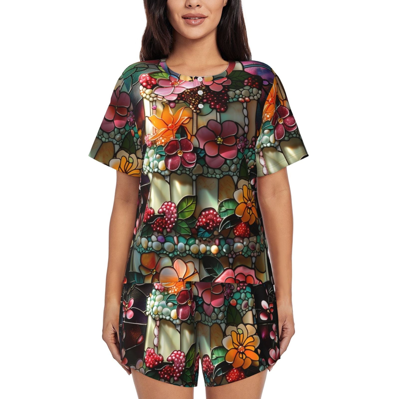 Pajama Set for Women 2 Piece - Stained Glass Floral Cake Lounge Set ...