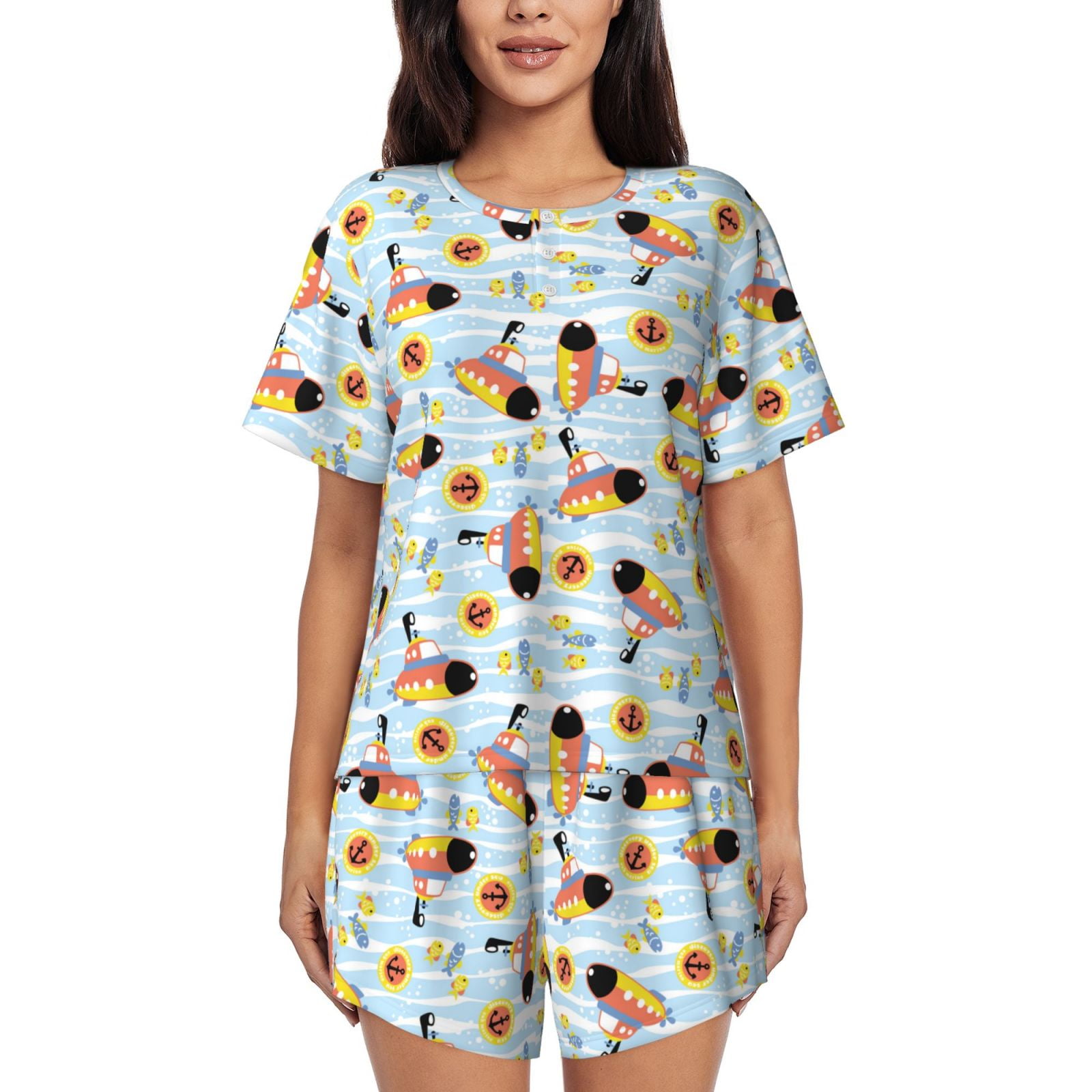 Pajama Set for Women 2 Piece - Submarine With Fishes Undersea Lounge ...