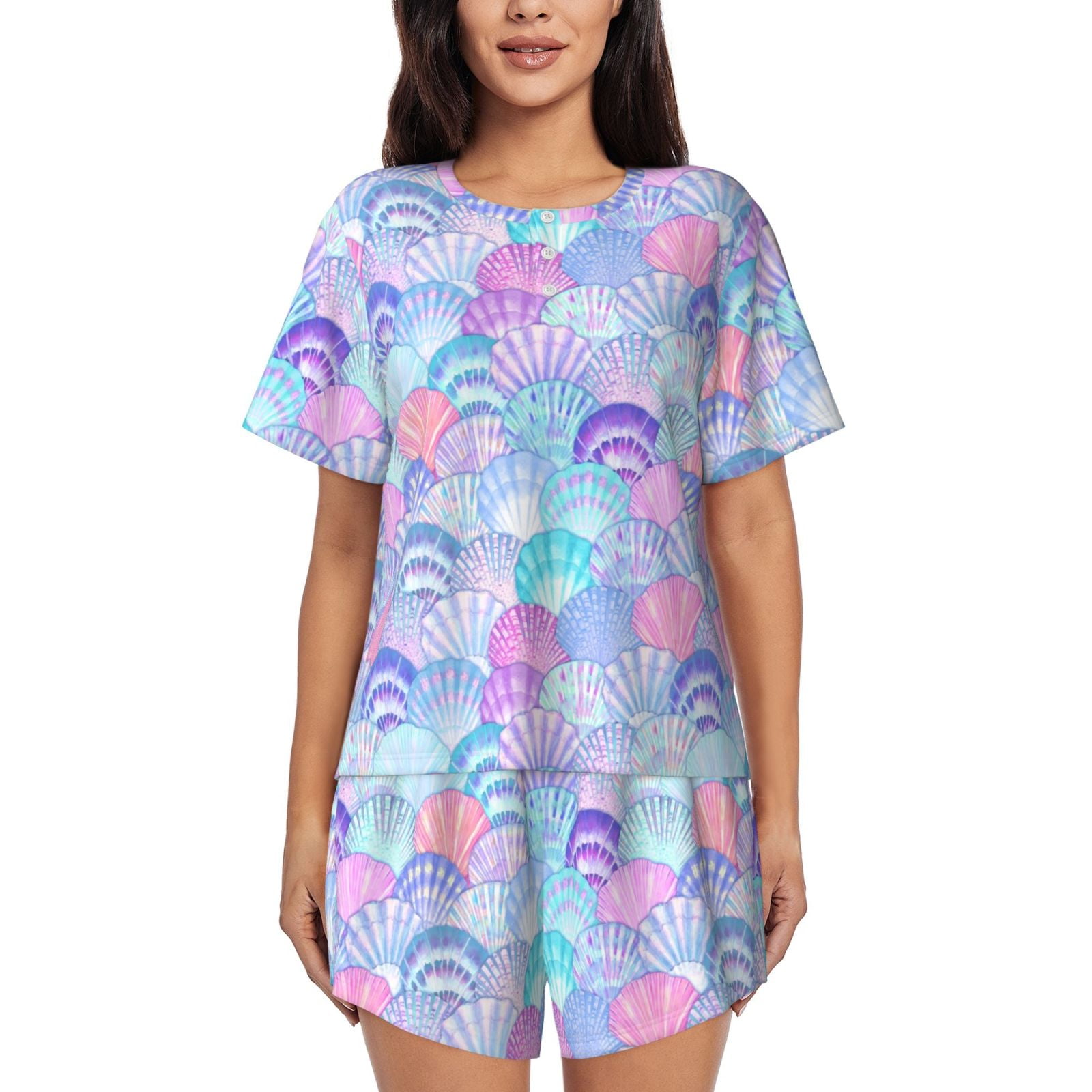Pajama Set for Women 2 Piece - Watercolor Sea Shells 1 Lounge Set Short ...