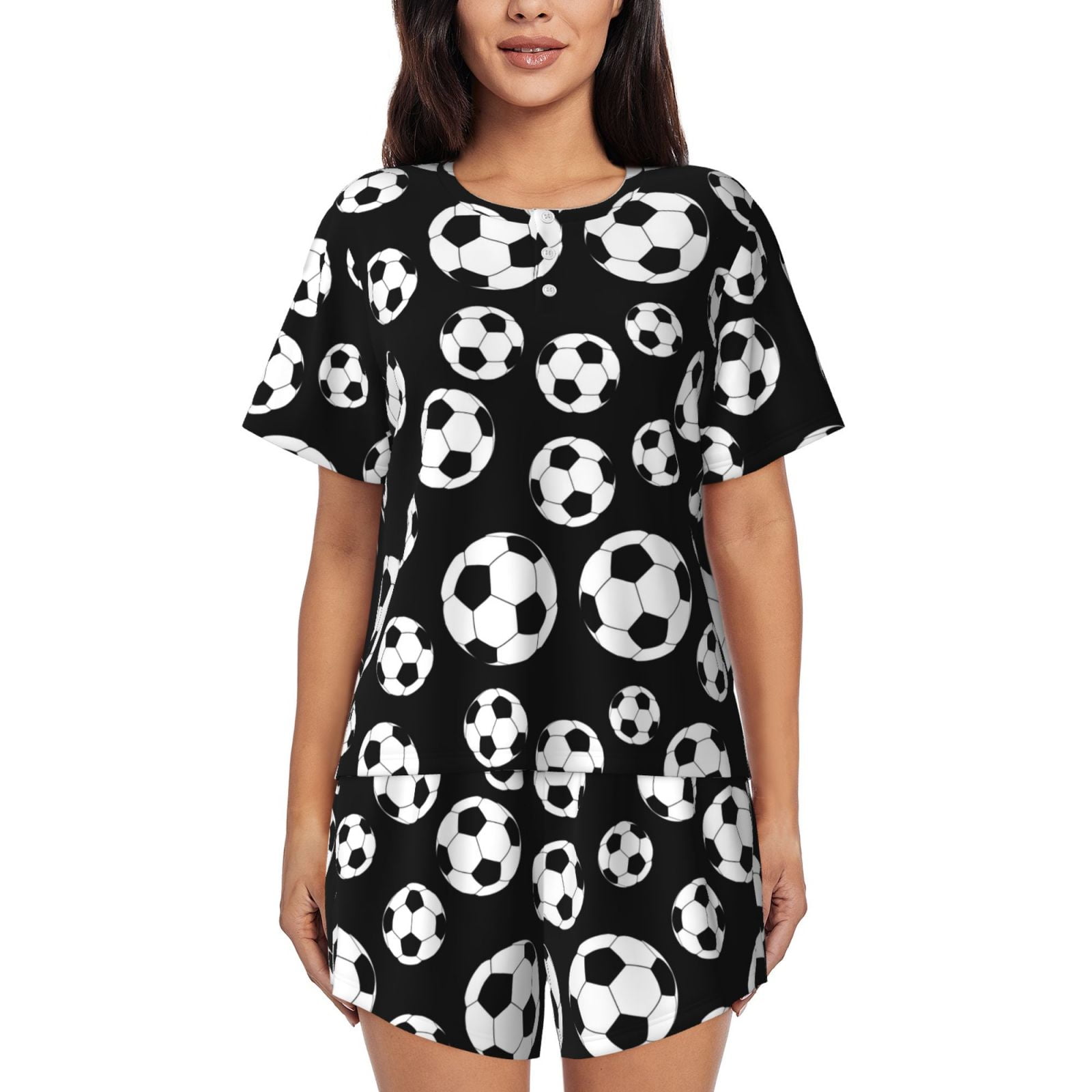 Pajama Set for Women 2 Piece - black white soccer football Lounge Set ...