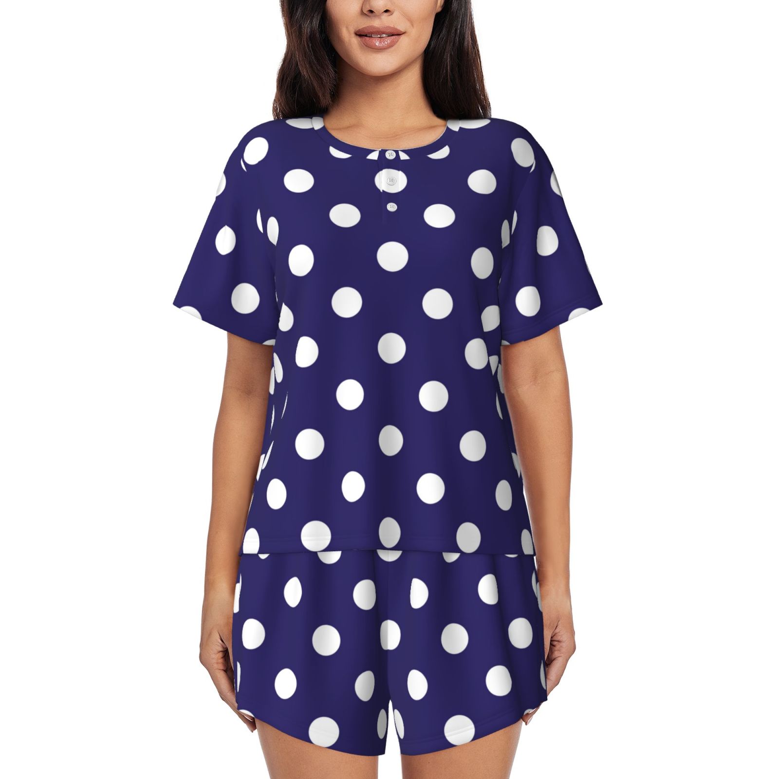 Pajama Set for Women 2 Piece - navy blue polka dots Lounge Set Short ...