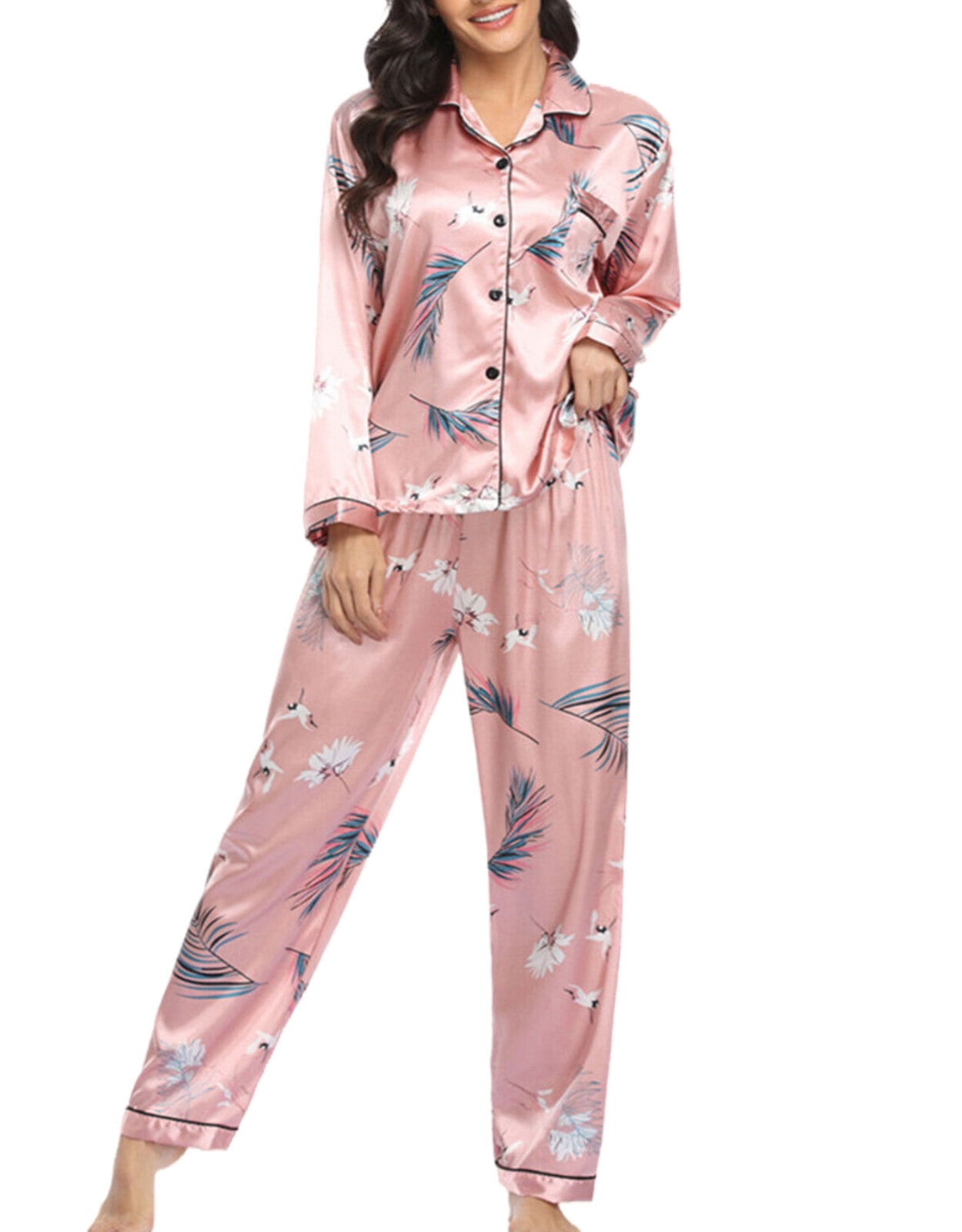 Pajama Set for Women Pink Cranes Button Down Loungewears Satin Silk ...