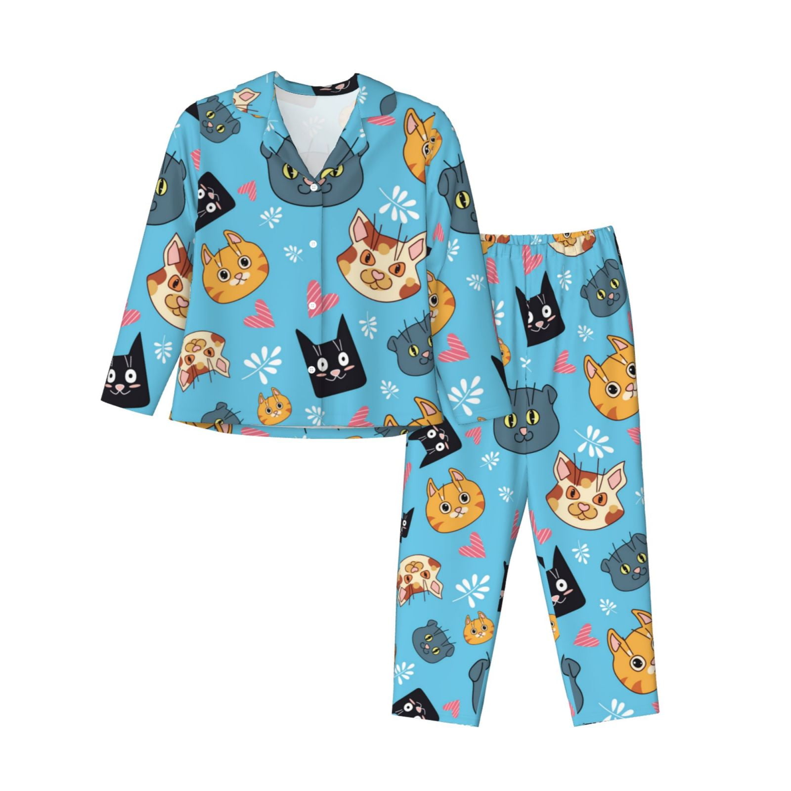 Pajama Sets for Women 2 Pcs, Abstract Cute Cartoon Cat Face Button Down ...