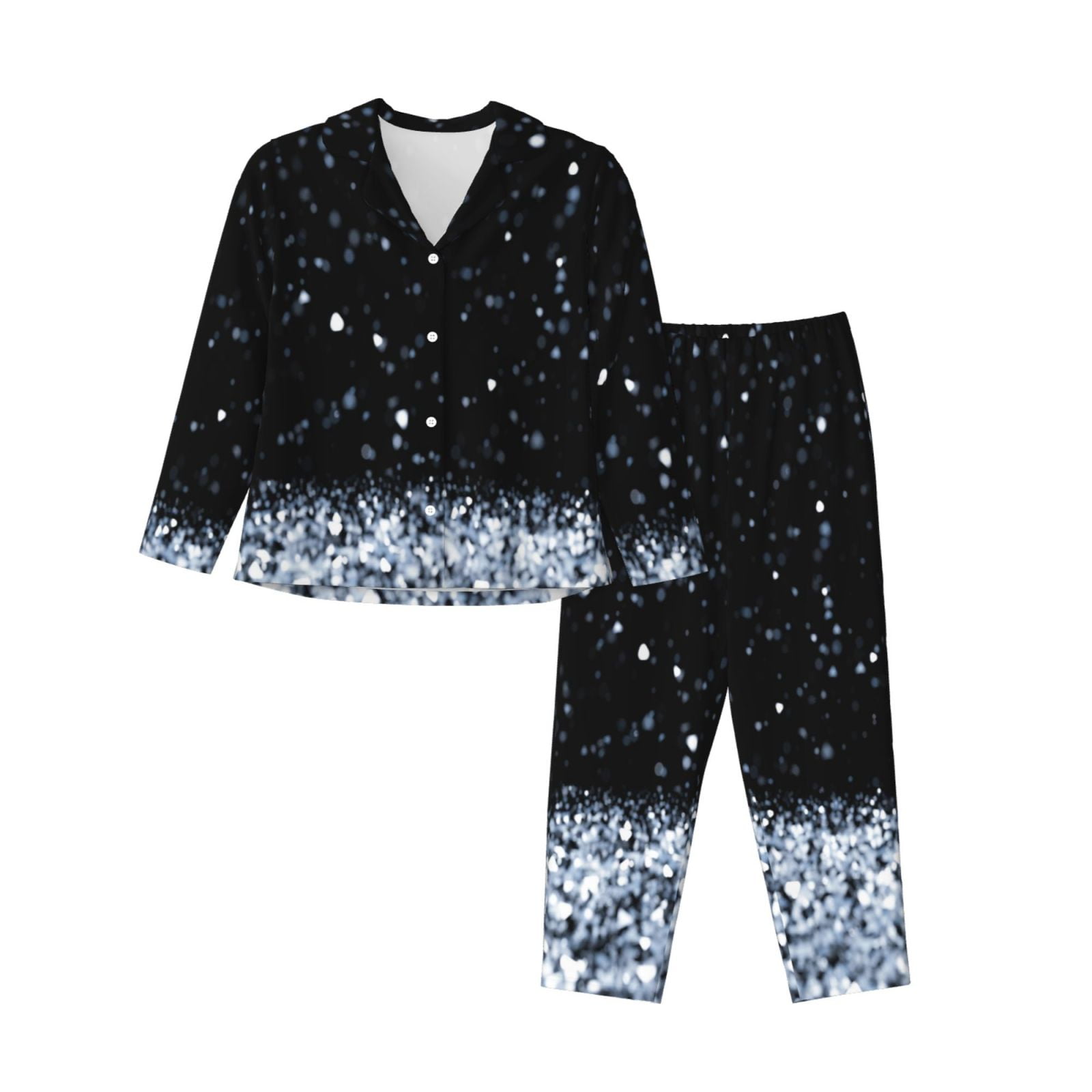 Pajama Sets for Women 2 Pcs, Abstract Glitter Sparkle Black Button Down ...