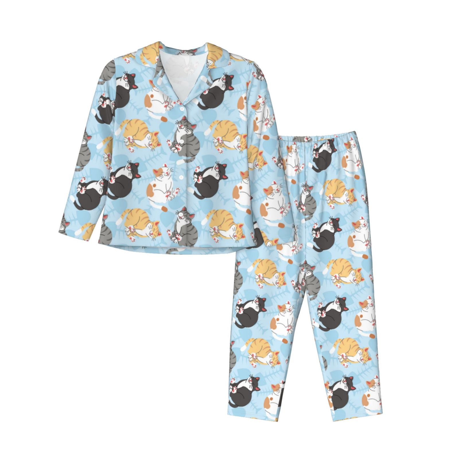 Pajama Sets for Women 2 Pcs, Art Cute Cartoon Cat Fishbone Button Down ...