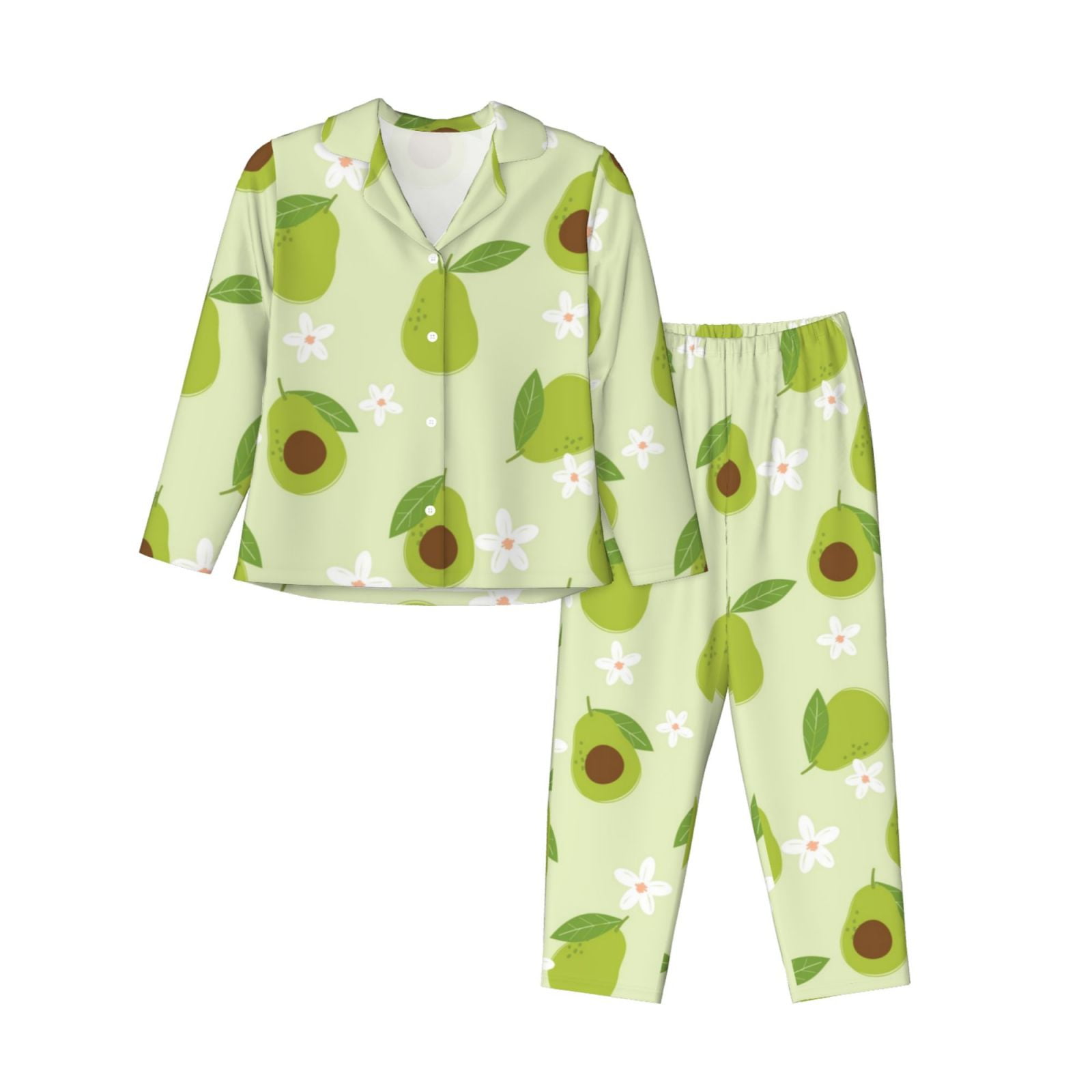 Pajama Sets for Women 2 Pcs, Avocado With Leaf And Flower Button Down ...