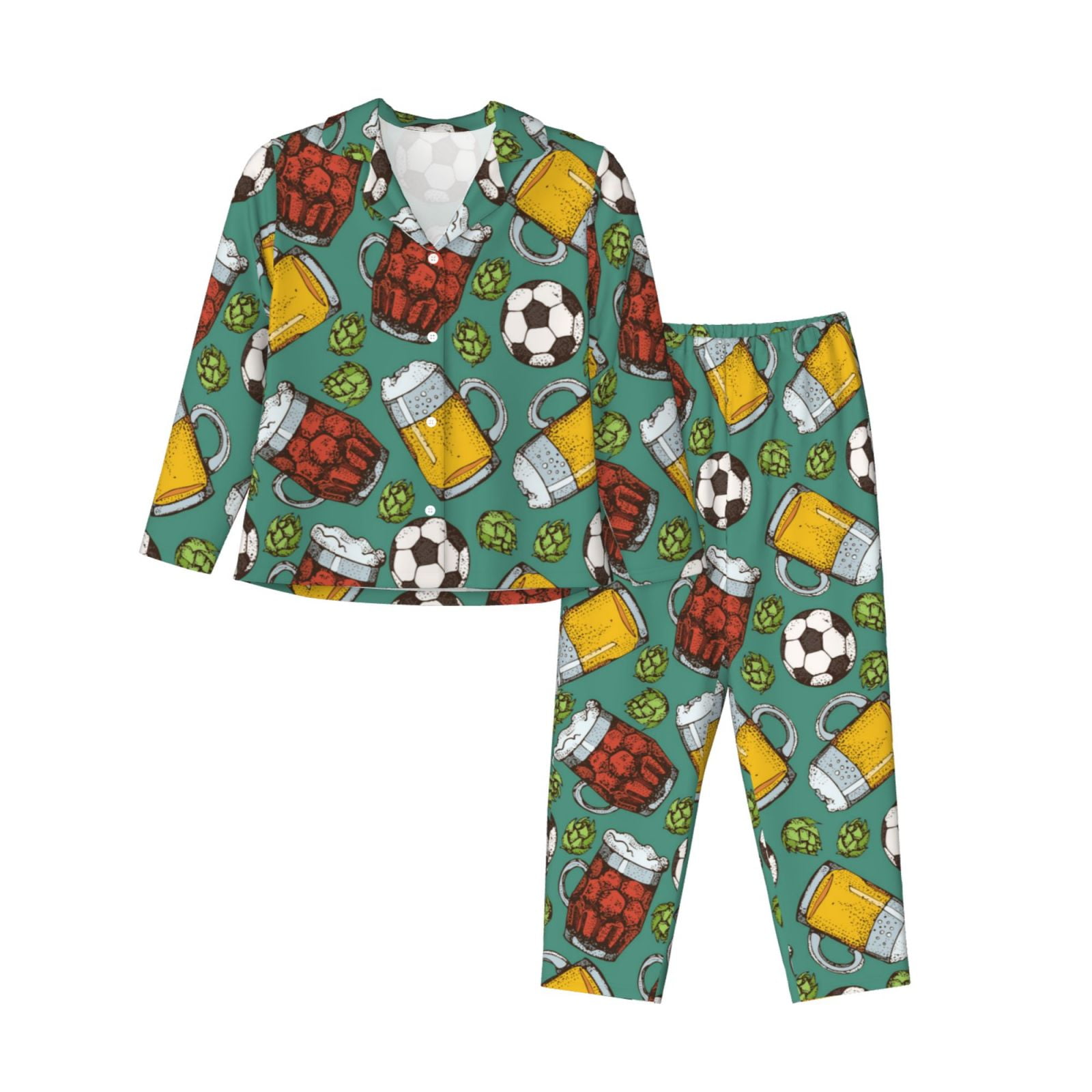 Pajama Sets for Women 2 Pcs, Beer And Soccer Button Down Long Sleeve ...