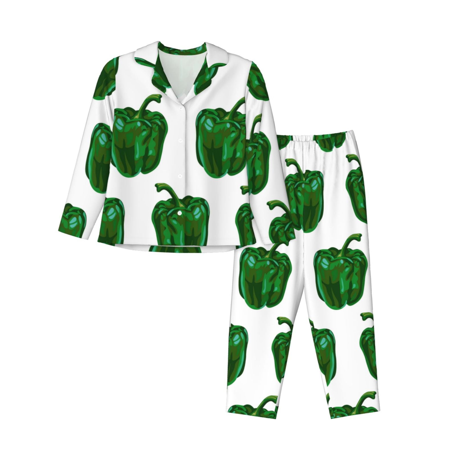 Pajama Sets for Women 2 Pcs, Bell Pepper Pattern green Button Down Long ...
