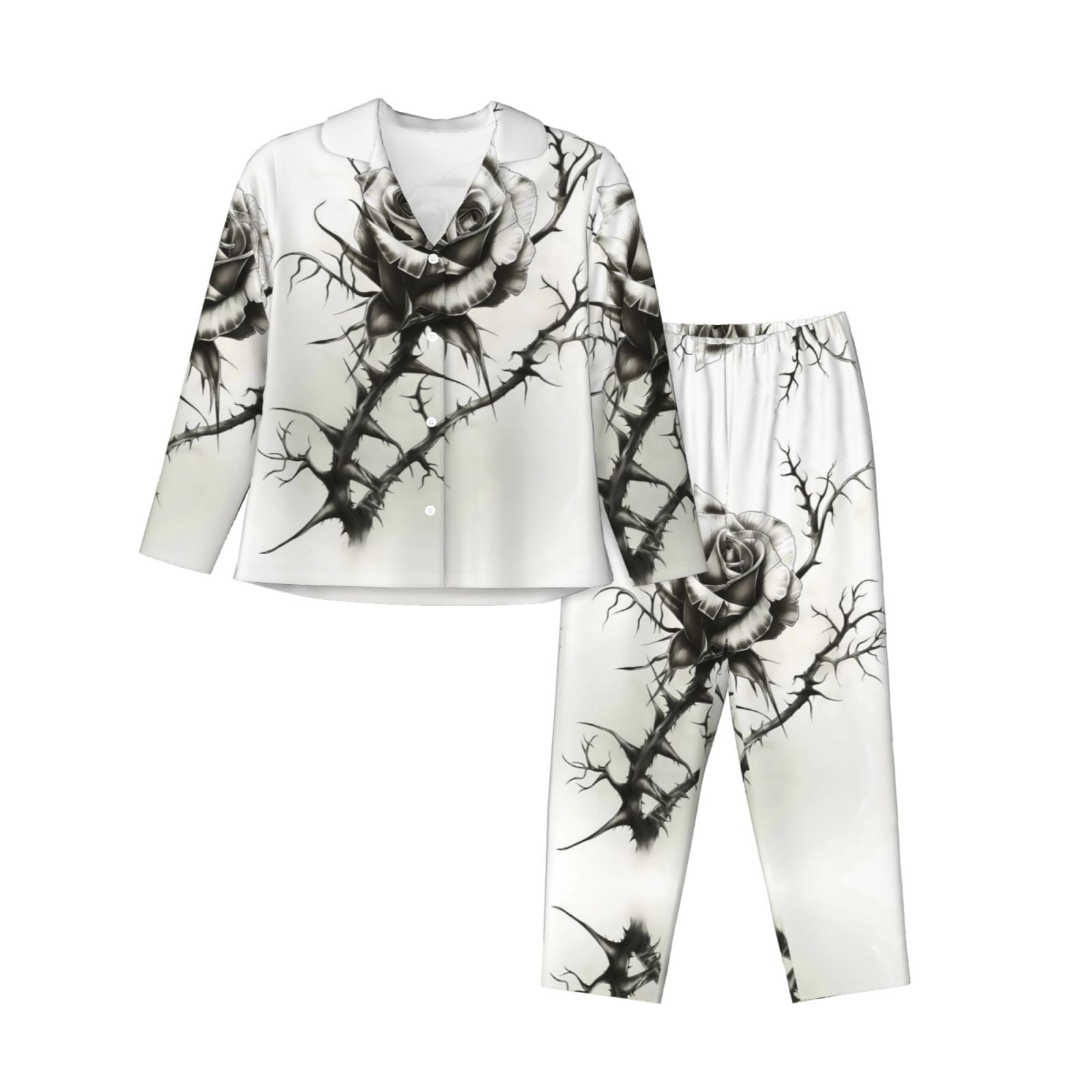 Pajama Sets for Women 2 Pcs, Black And White Rose Button Down Long ...