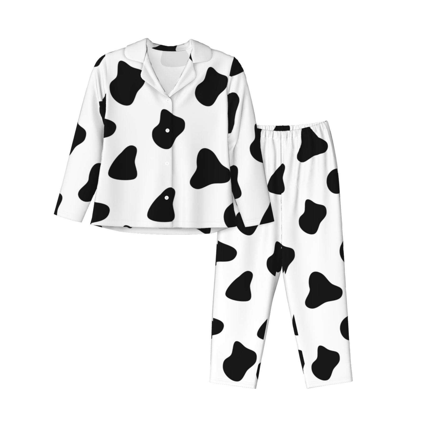Pajama Sets for Women 2 Pcs, Black White Cow Print Button Down Long ...