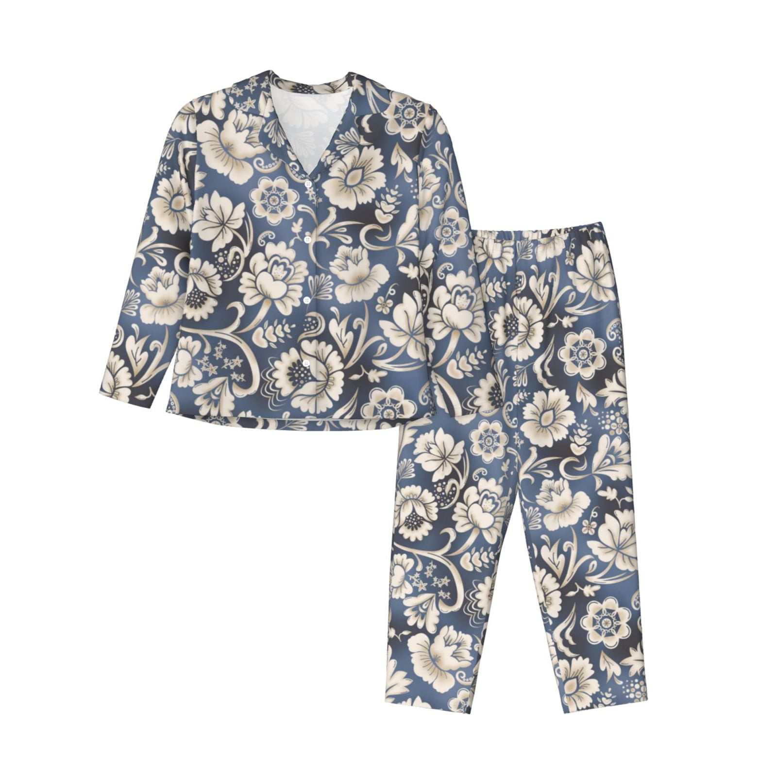 Pajama Sets for Women 2 Pcs, Black White Flower Paisley Button Down ...