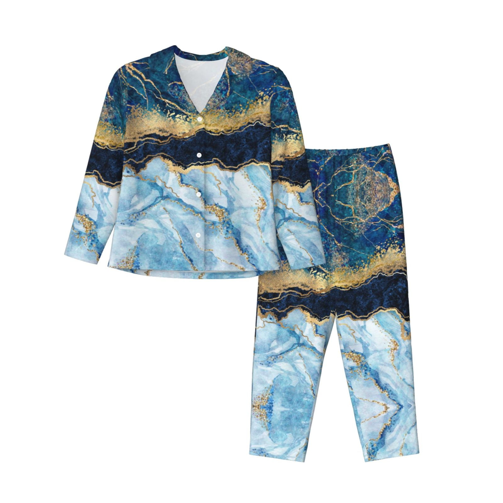 Pajama Sets for Women 2 Pcs, Blue Marble Gold Foil Glitter Decor Button ...