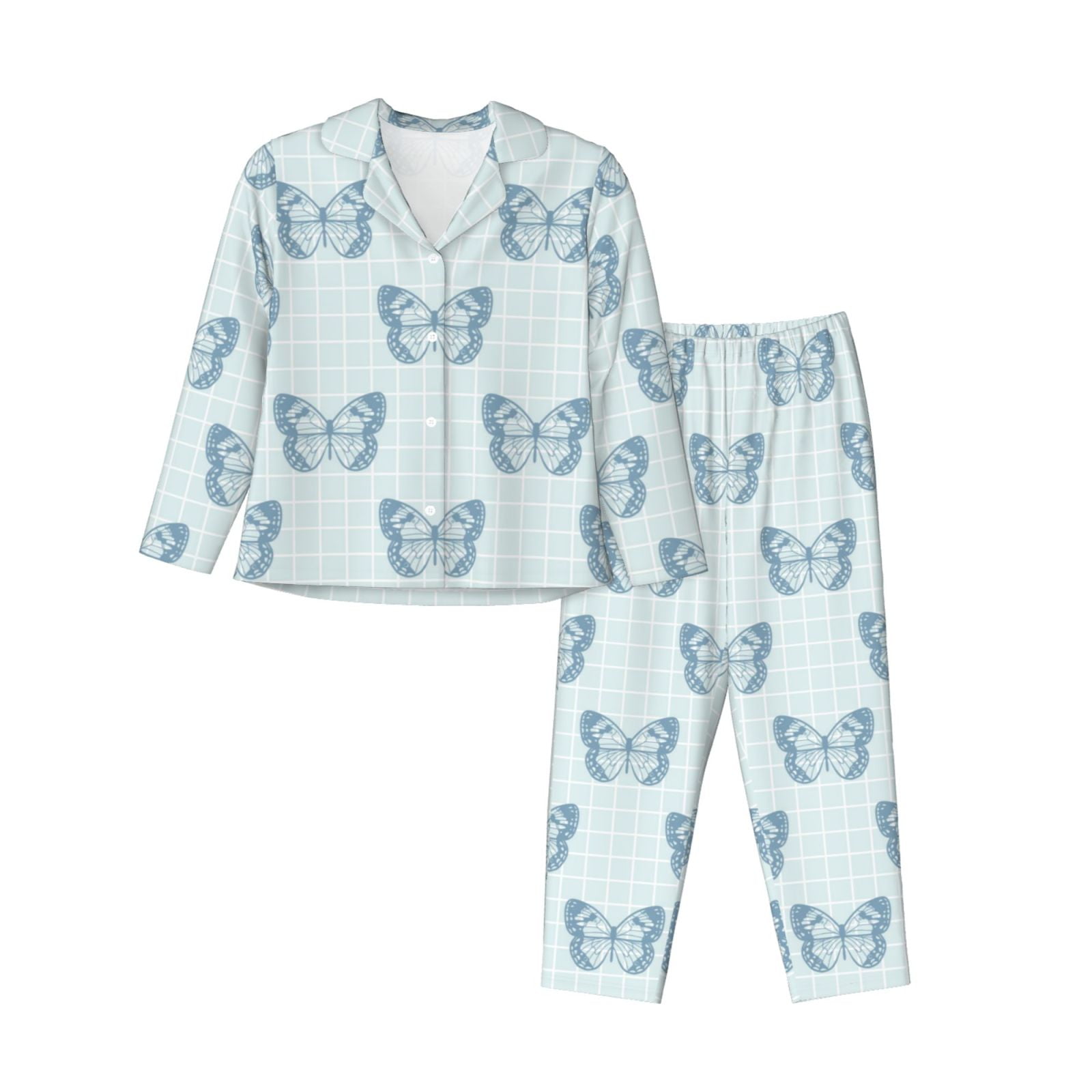 Pajama Sets for Women 2 Pcs, Blue butterfly checkered Button Down Long ...