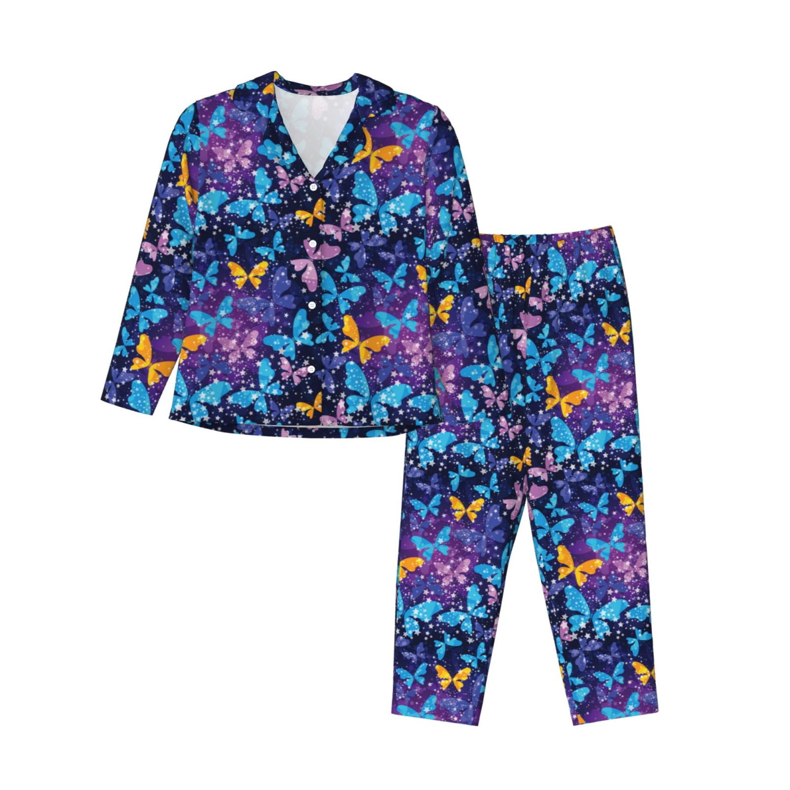 Pajama Sets for Women 2 Pcs, Butterflies Of The Starry Sky Button Down ...