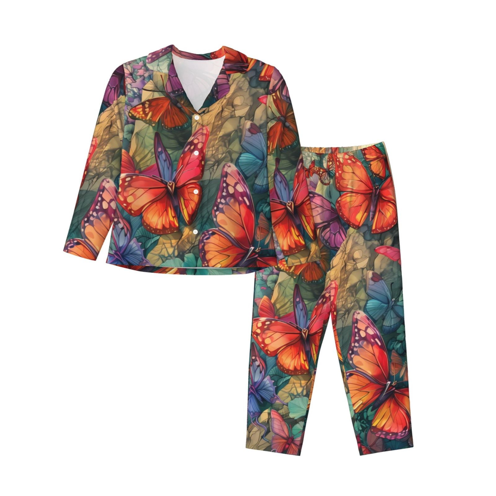 Pajama Sets for Women 2 Pcs, Butterflies On Rocky Cliff Button Down ...