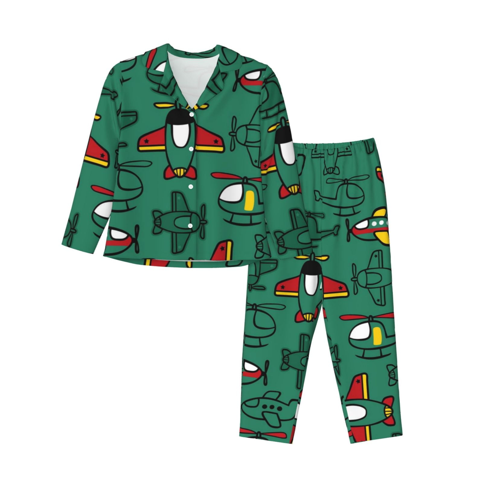 Pajama Sets for Women 2 Pcs, Cartoon Air Transportation Button Down ...