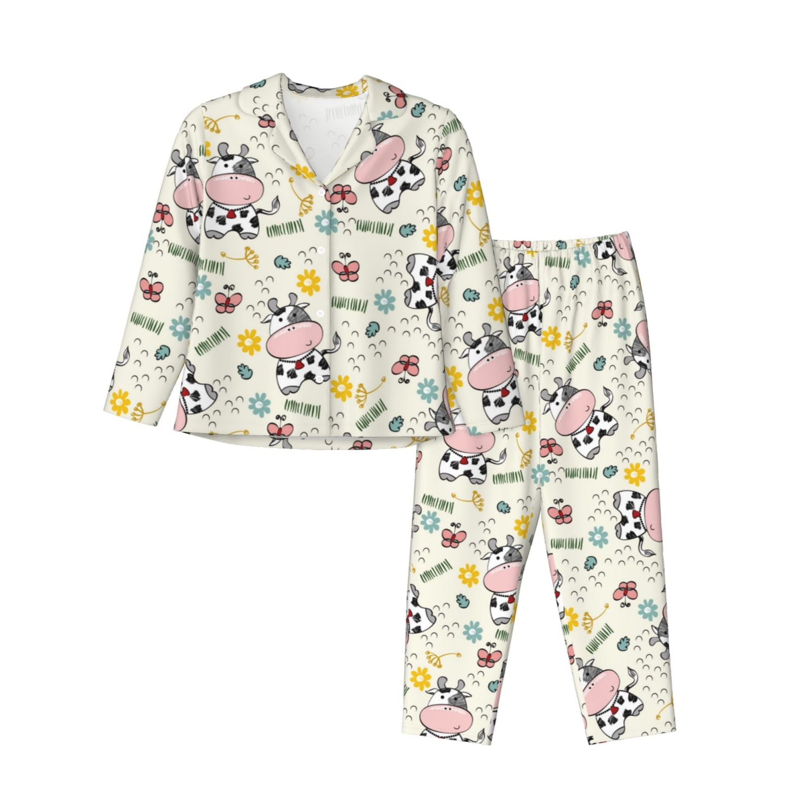 Pajama Sets for Women 2 Pcs, Cartoon Cute Cow Butterfly Button Down ...