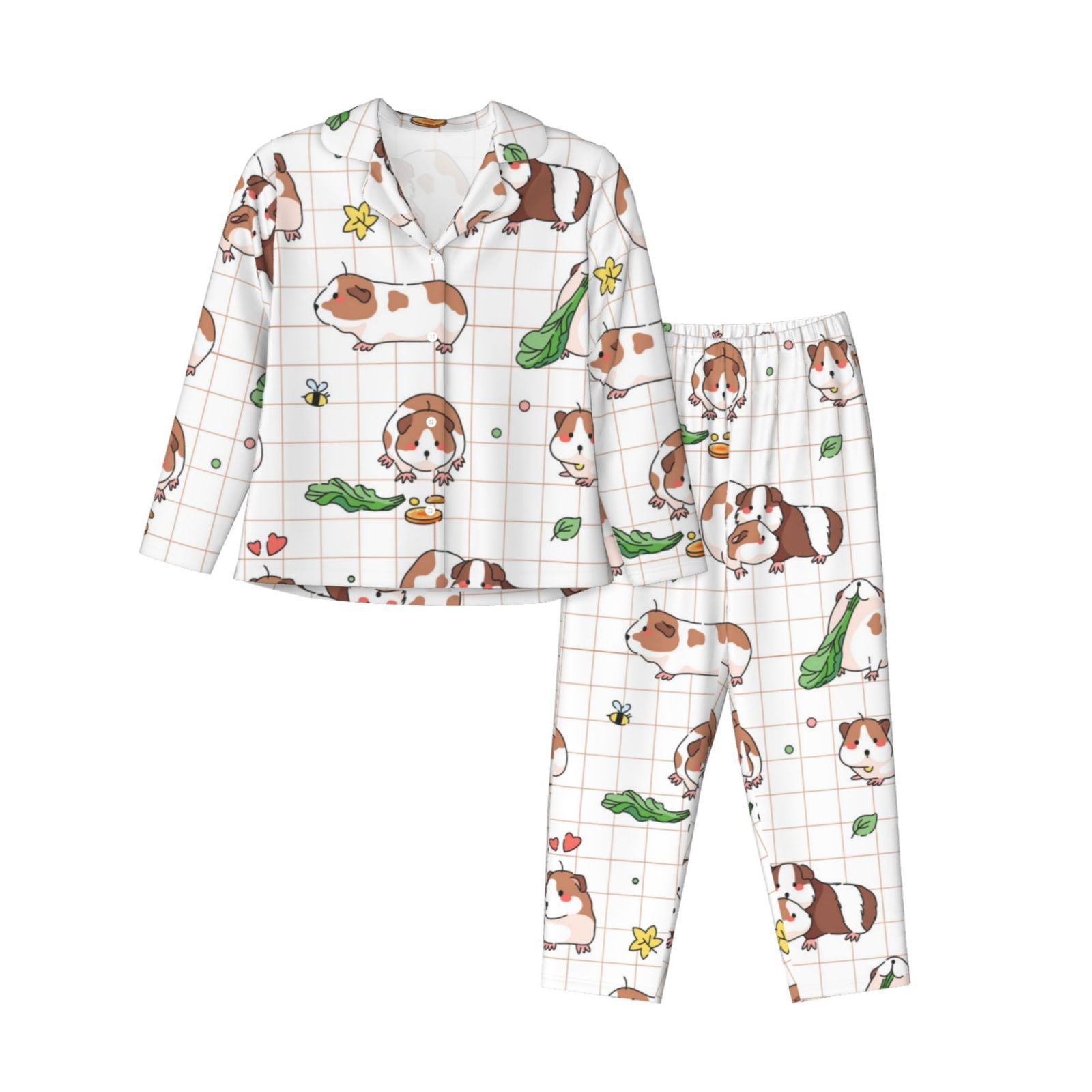 Pajama Sets for Women 2 Pcs, Cartoon Cute Hamster Greens Button Down ...
