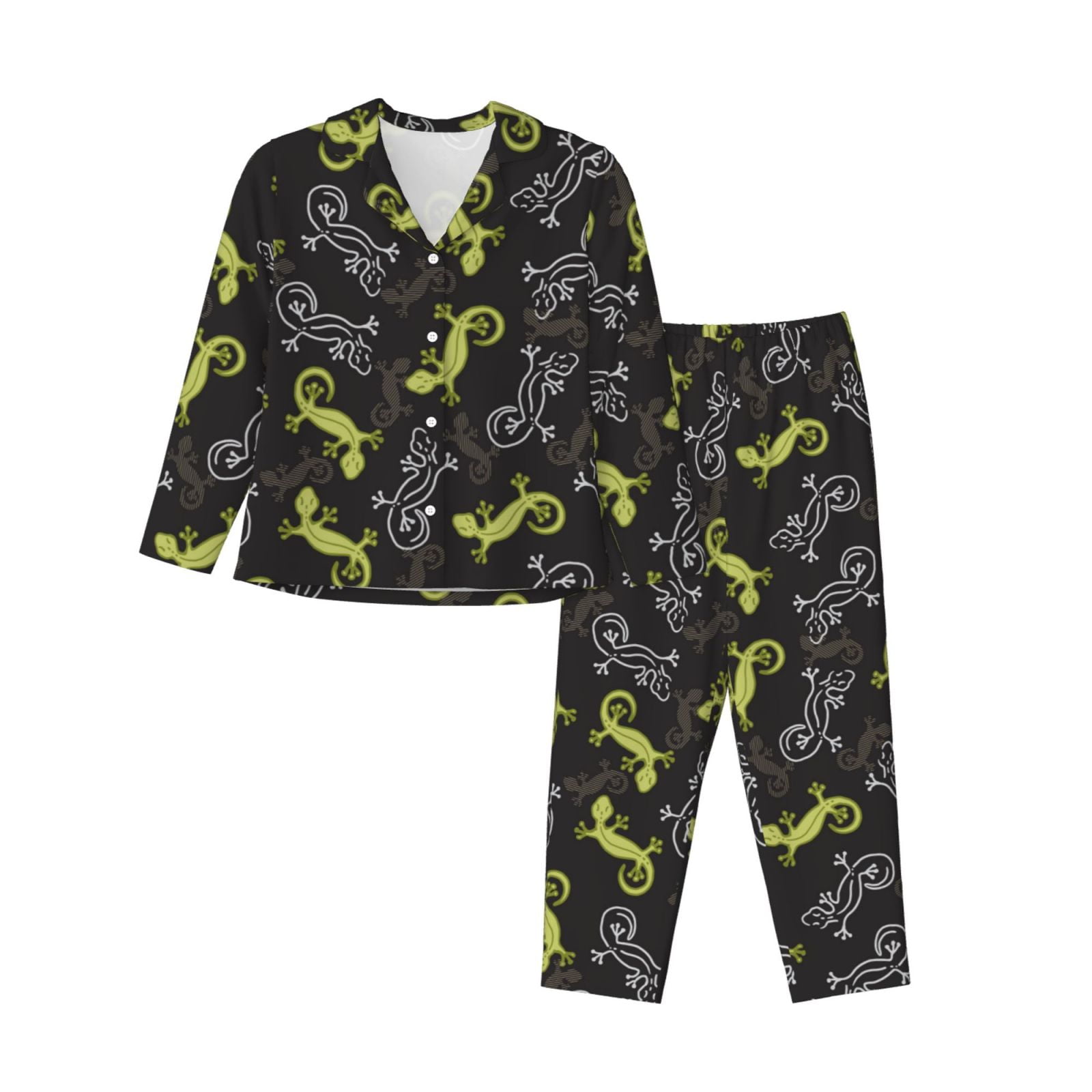 Pajama Sets for Women 2 Pcs, Cartoon Cute Lizard Gecko_A Button Down ...