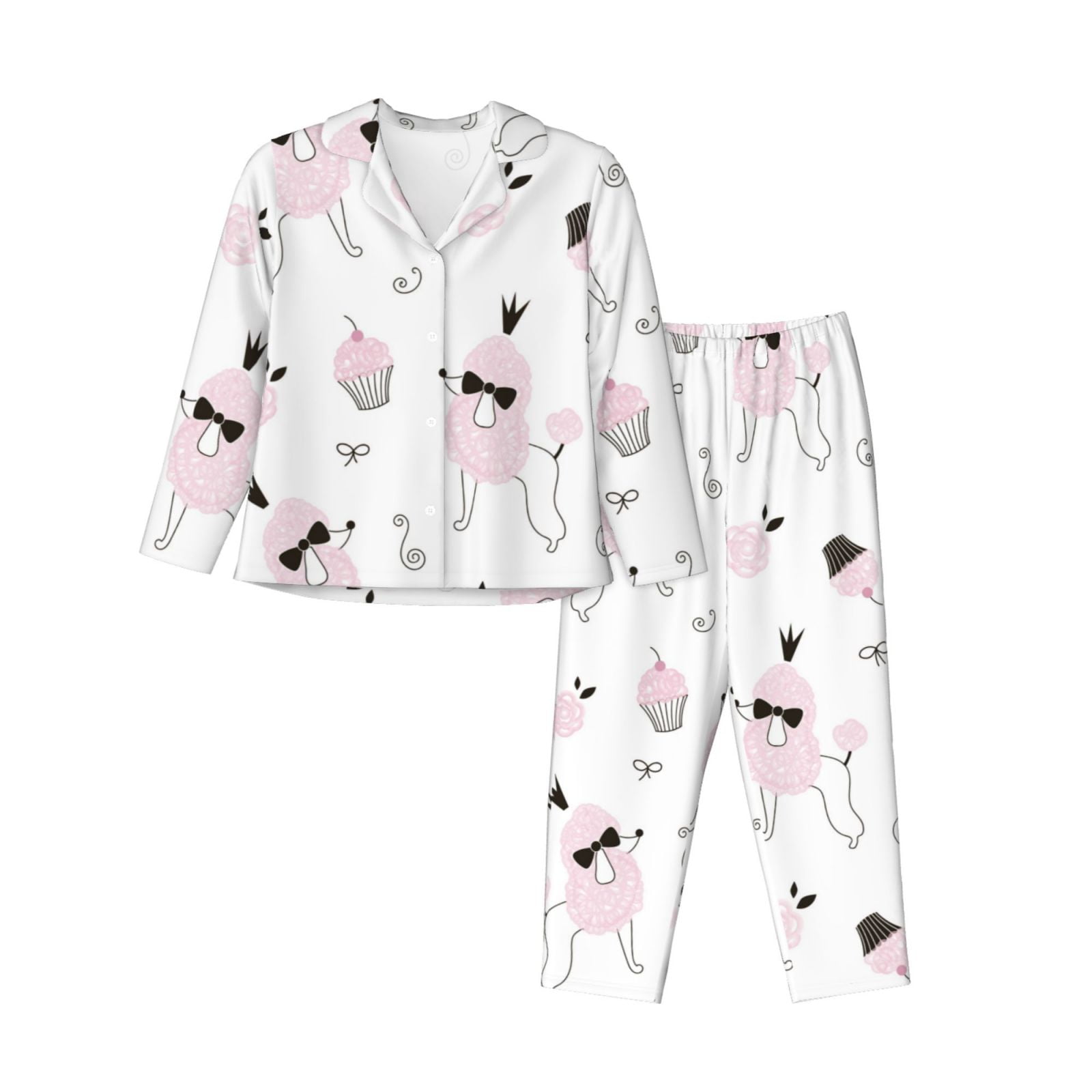 Pajama Sets for Women 2 Pcs, Cartoon Cute Poodle Dog Pink Cake Button ...
