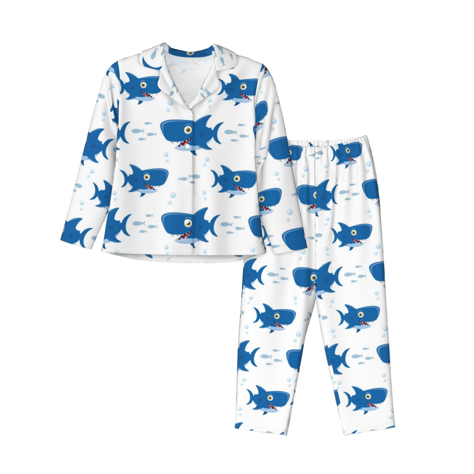Pajama Sets for Women 2 Pcs, Cartoon Cute Shark Blue_A Button Down Long ...