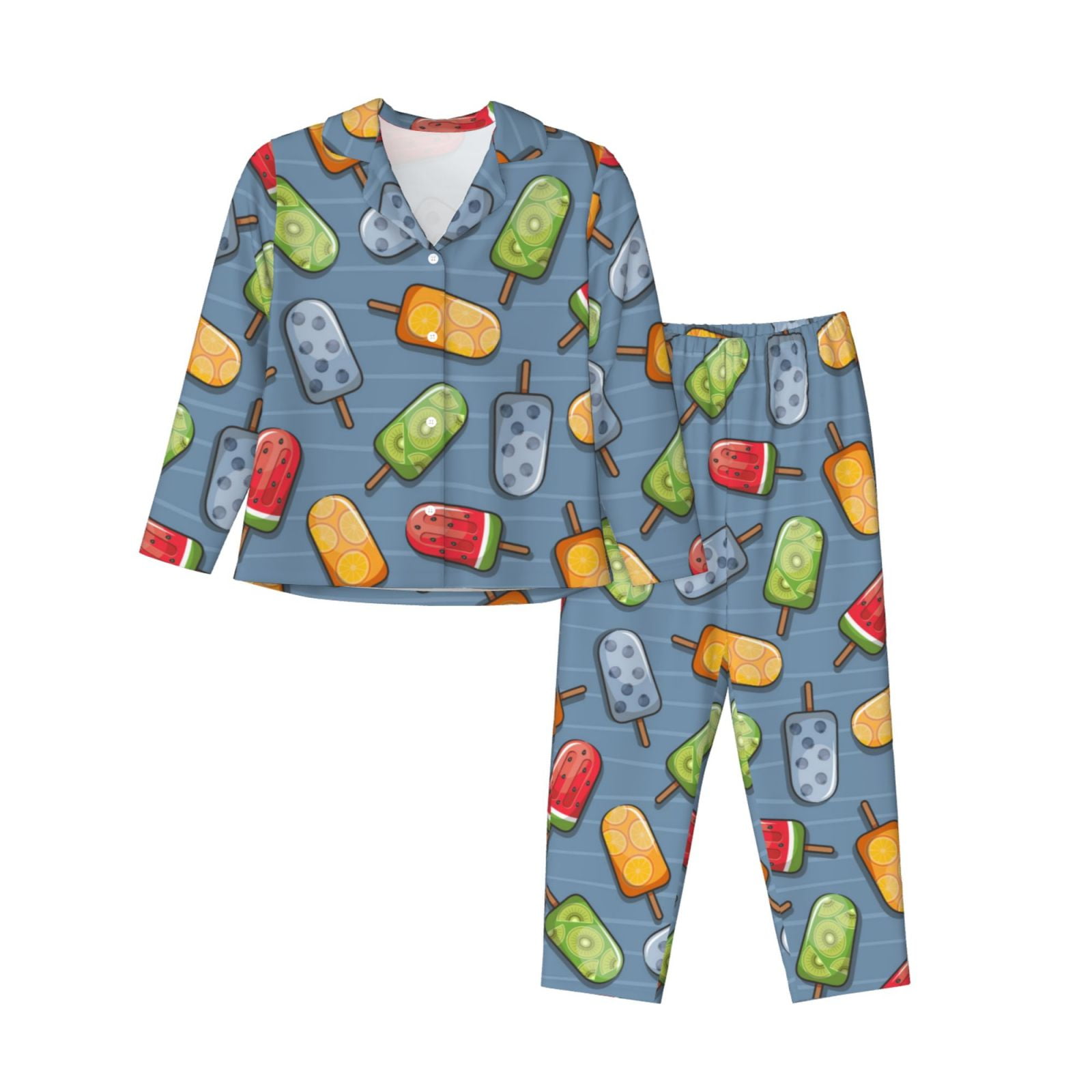 Pajama Sets for Women 2 Pcs, Cartoon Fruit Popsicle Print Button Down ...