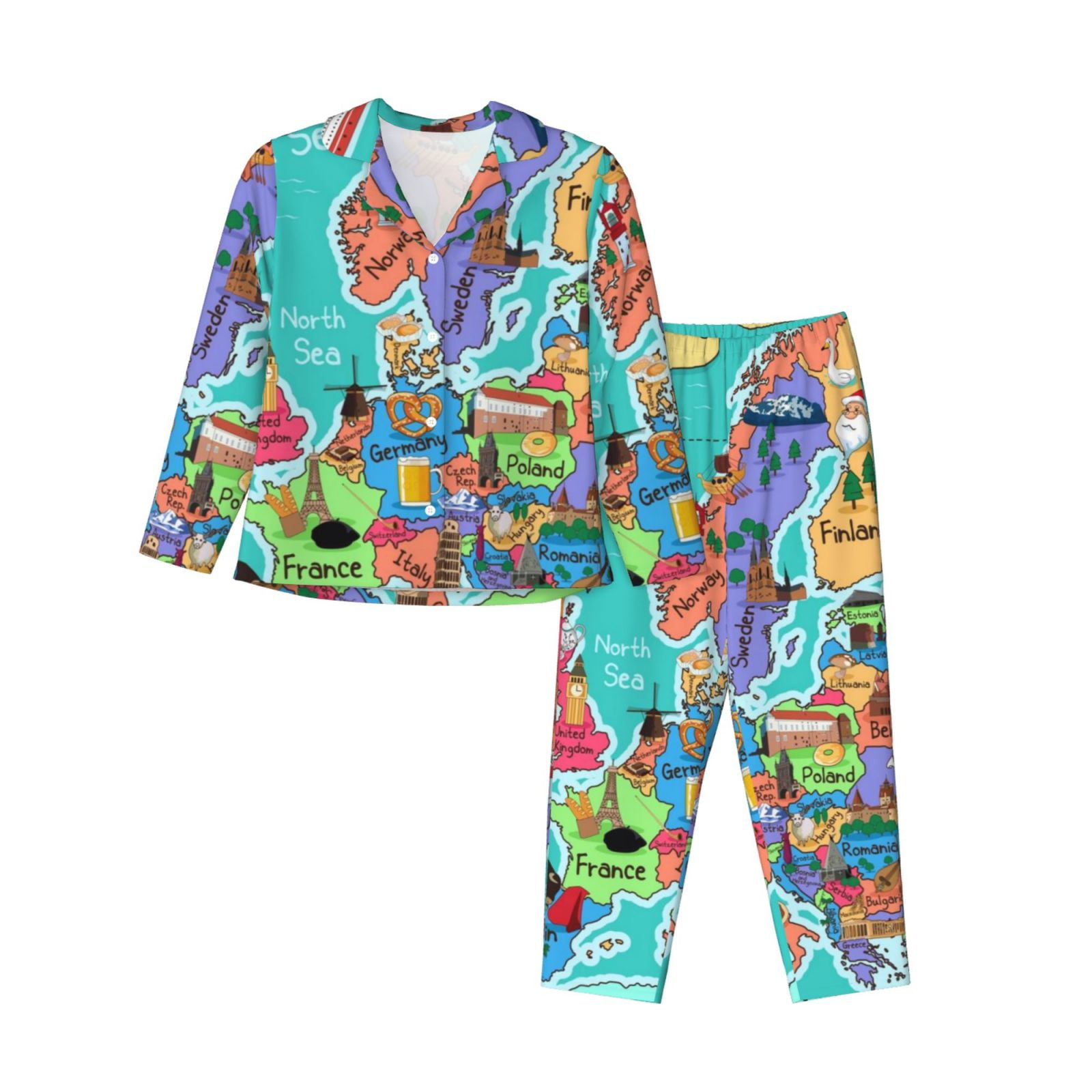 Pajama Sets for Women 2 Pcs, Cartoon Map Of Europe Button Down Long ...