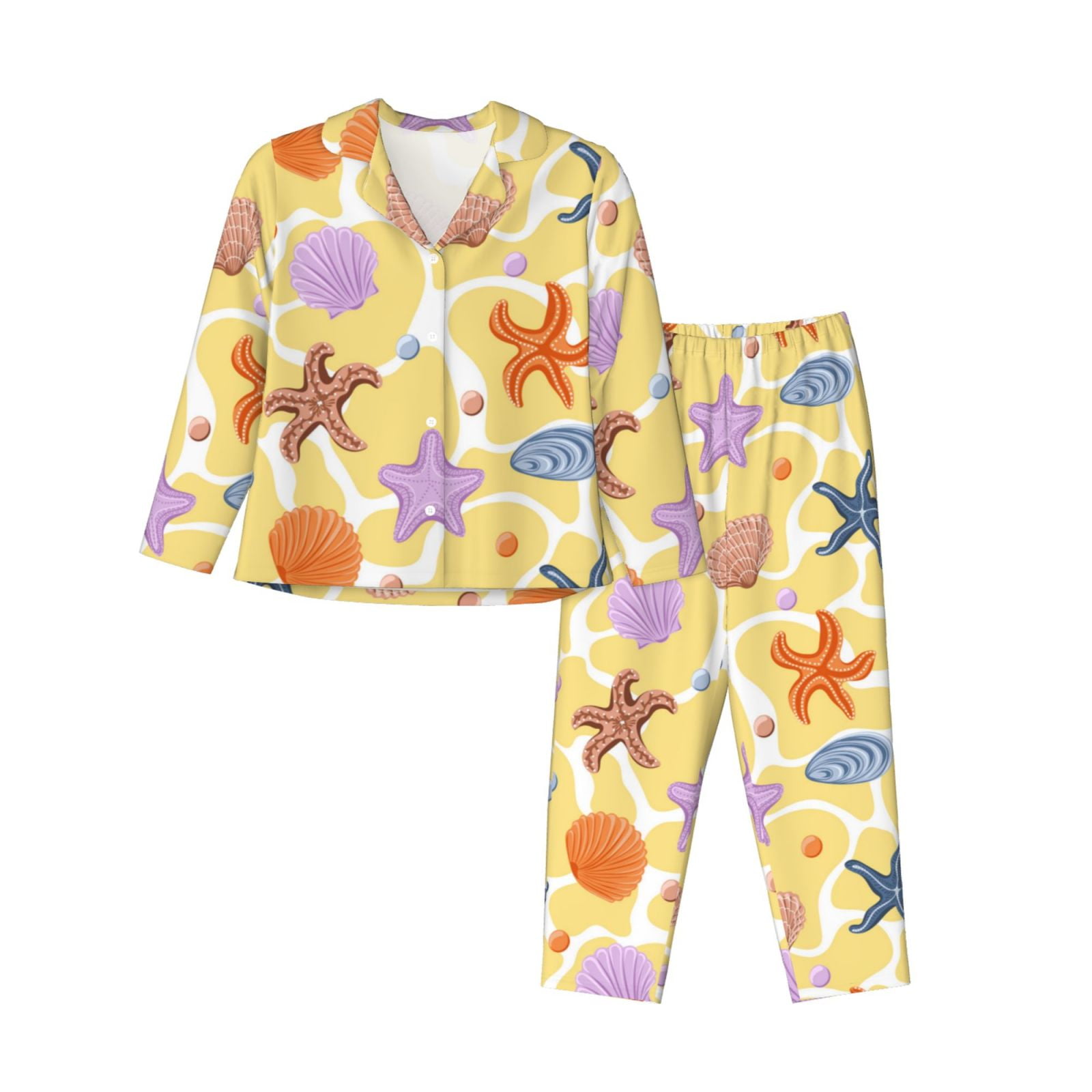 Pajama Sets for Women 2 Pcs, Cartoon Shell Starfish Button Down Long ...