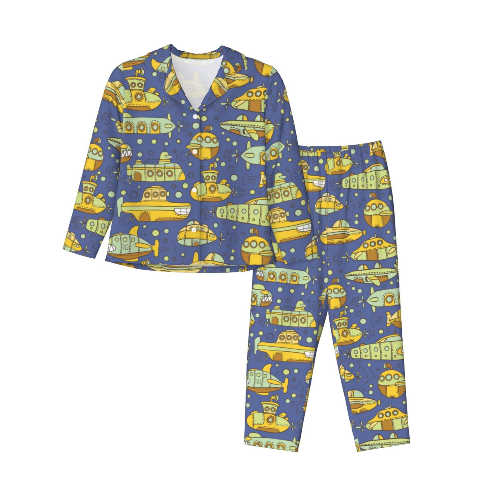 Pajama Sets for Women 2 Pcs, Cartoon Submarines Button Down Long Sleeve ...