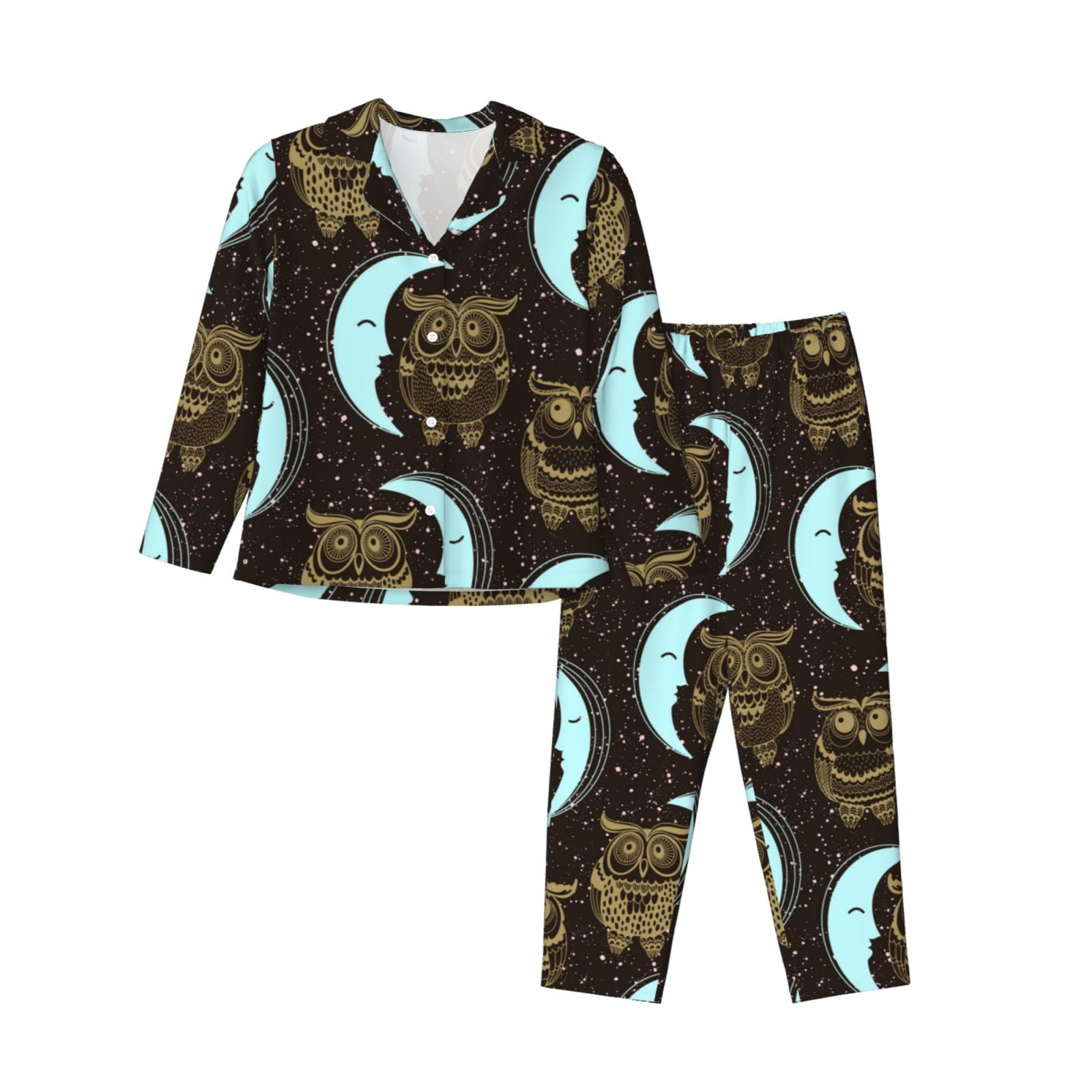Pajama Sets for Women 2 Pcs, Cartoon owls moon night starry sky Button ...