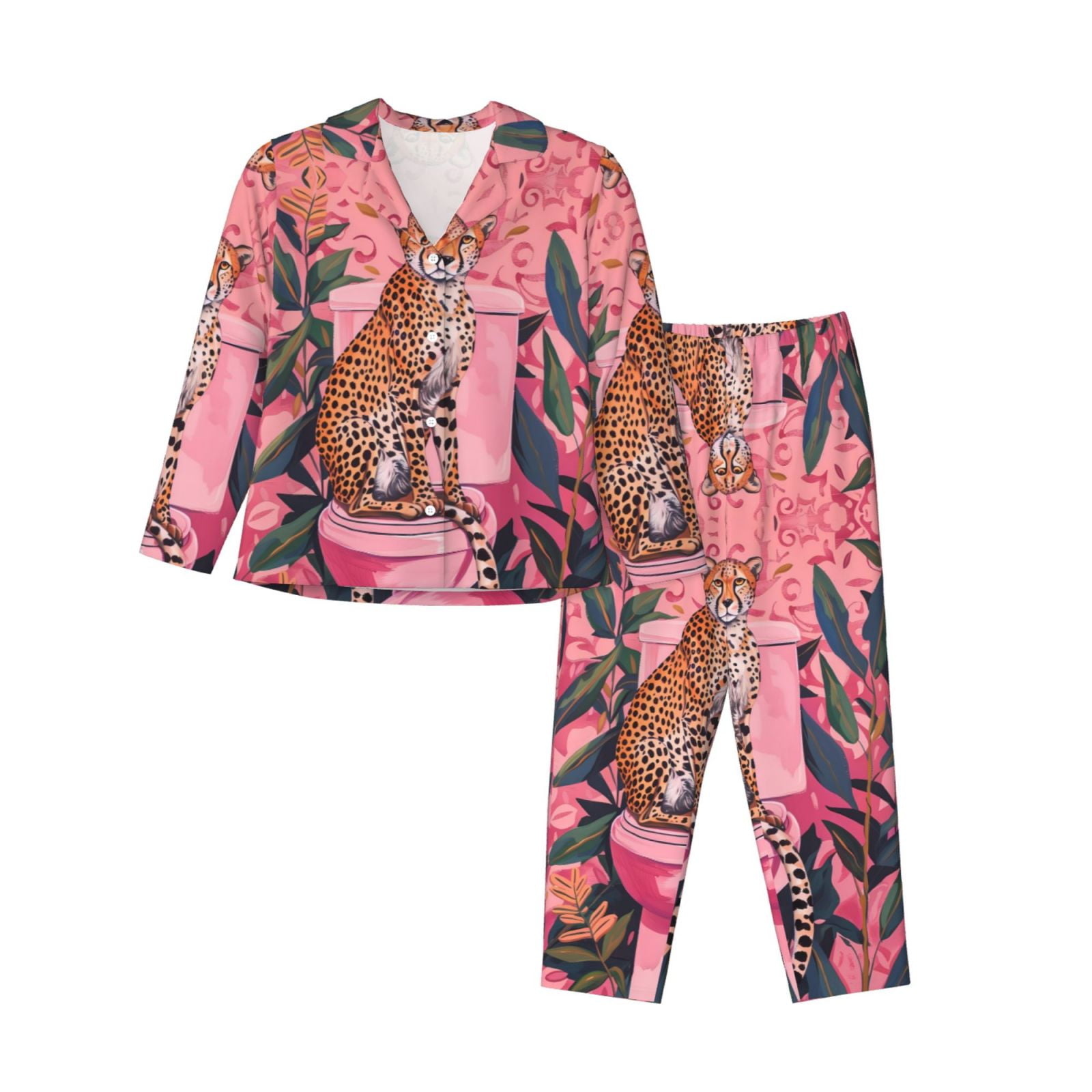 Pajama Sets for Women 2 Pcs, Cheetah On Toilet Humor Art Button Down ...